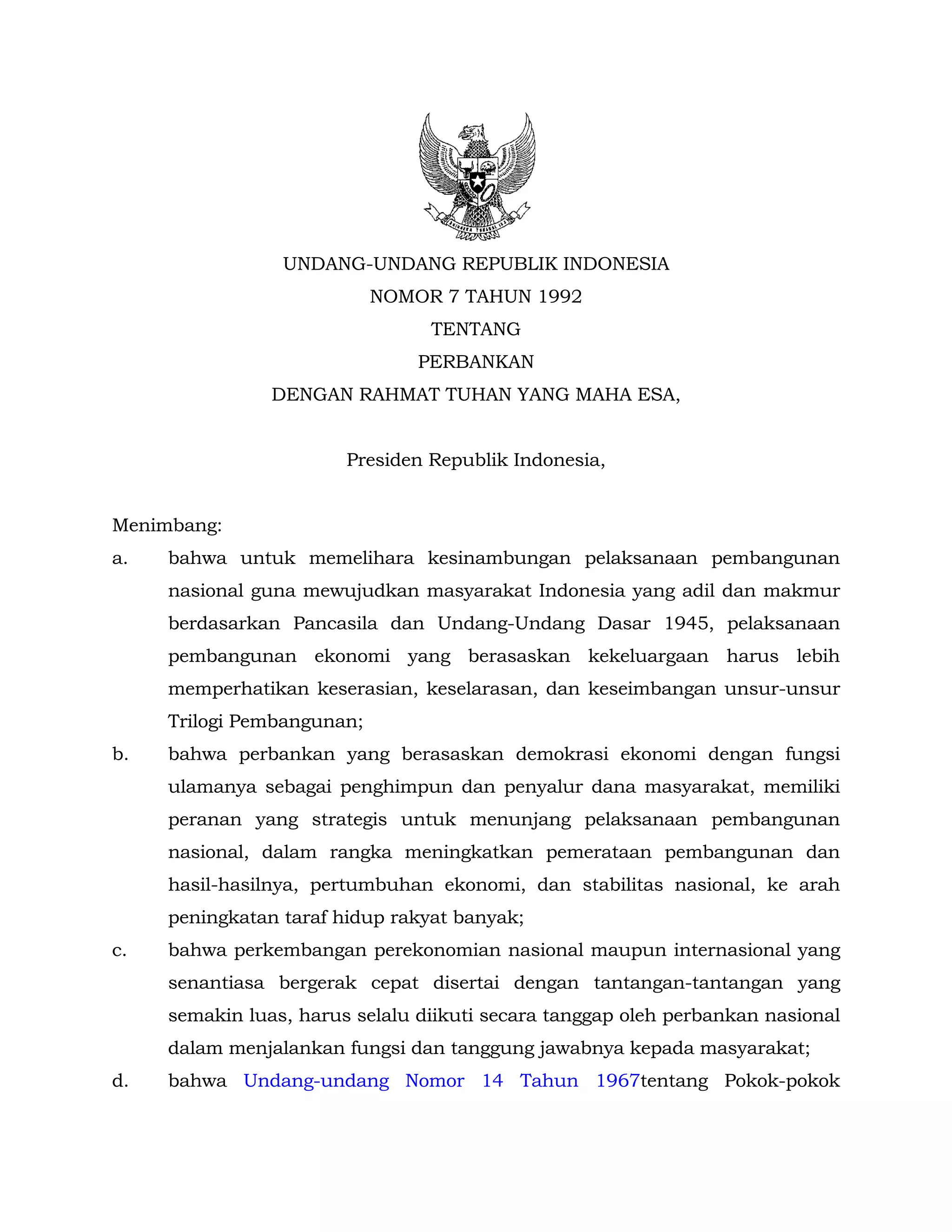 Uu no. 7 tahun 1992 tentang perbankan | PDF