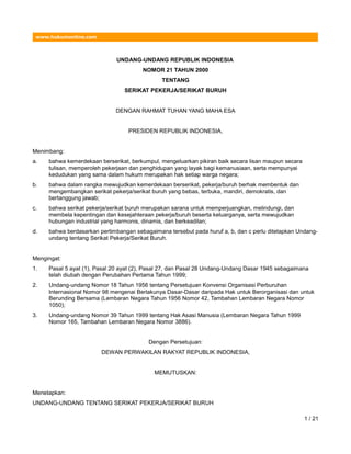 UU No. 21 Tahun 2000 Tentang Serikat Pekerja / Serikat Buruh | PDF