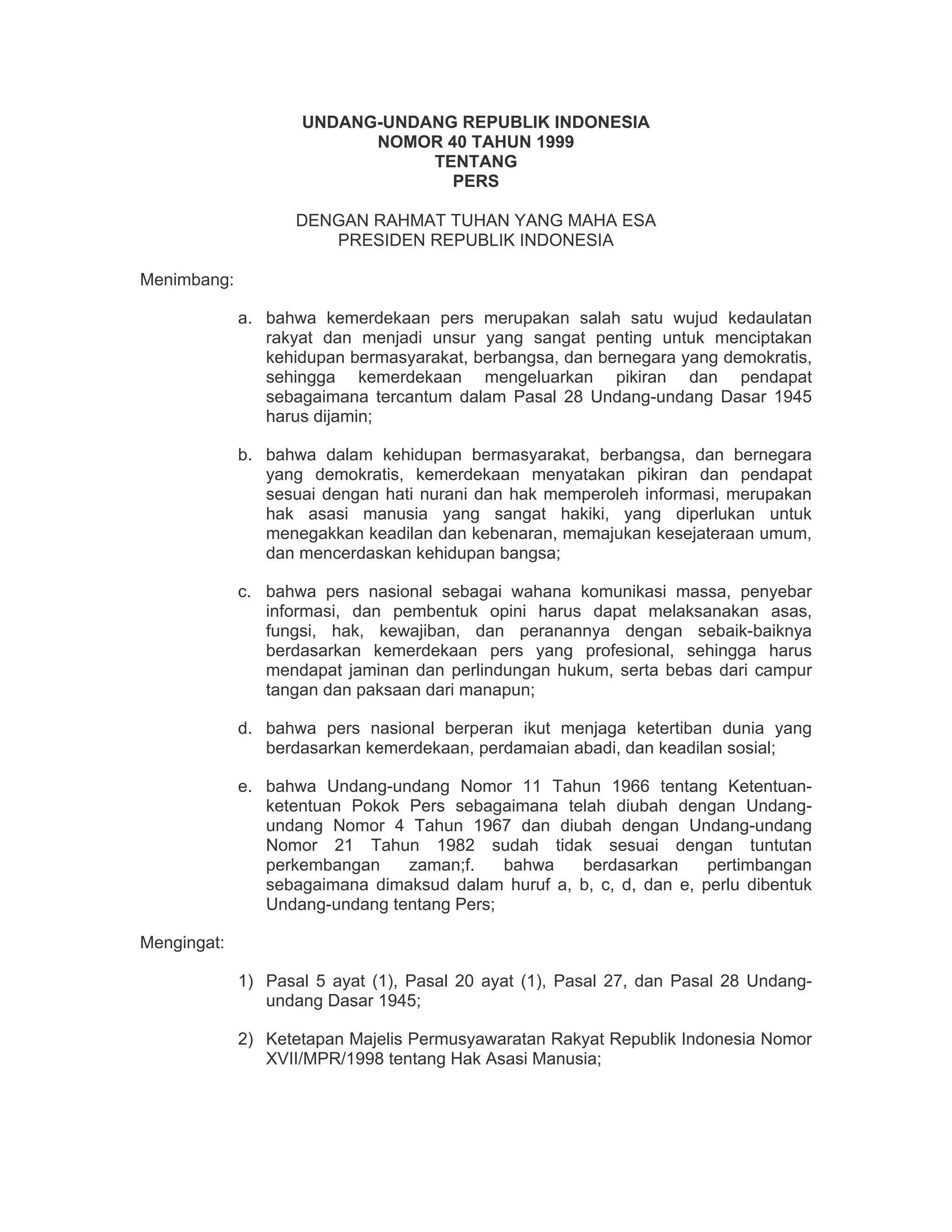 Uu no. 40 tahun 1999 tentang pers | PDF