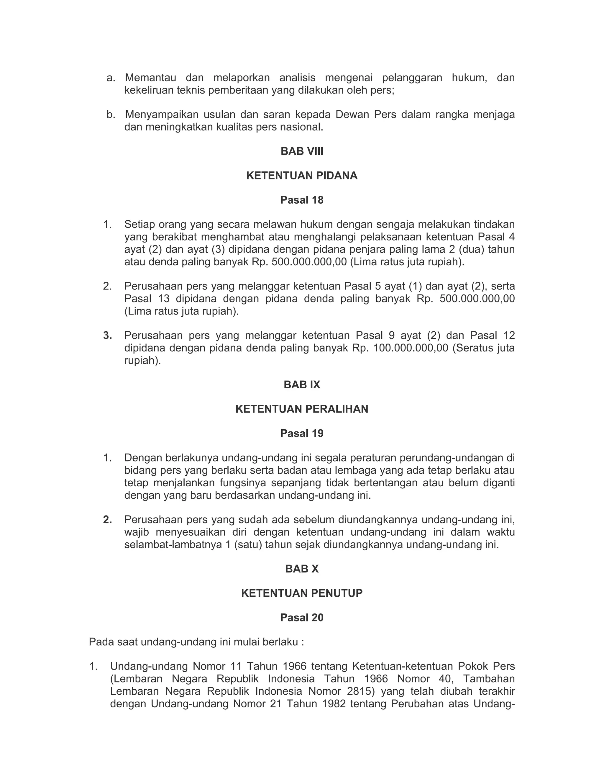 Uu no. 40 tahun 1999 tentang pers | PDF