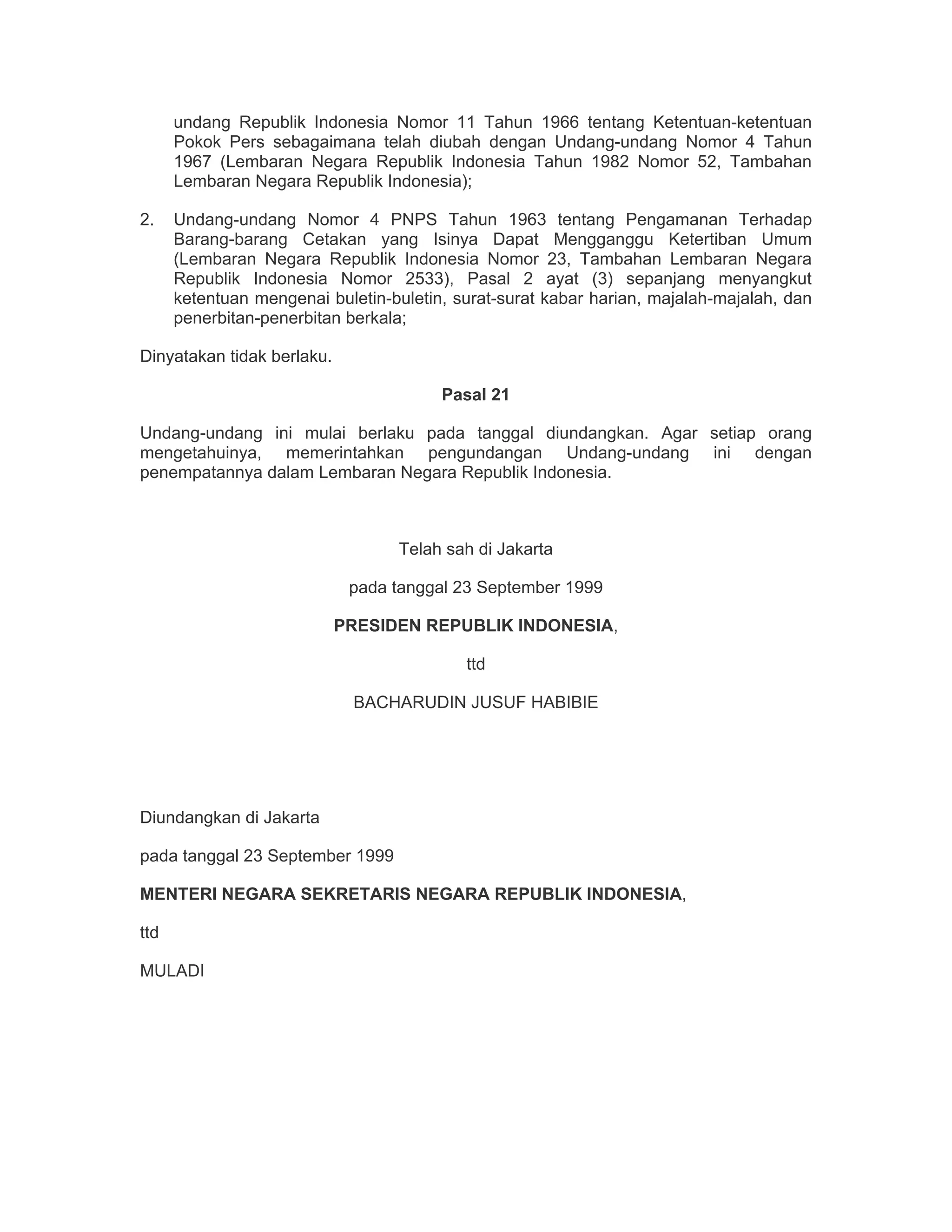 Uu no. 40 tahun 1999 tentang pers | PDF