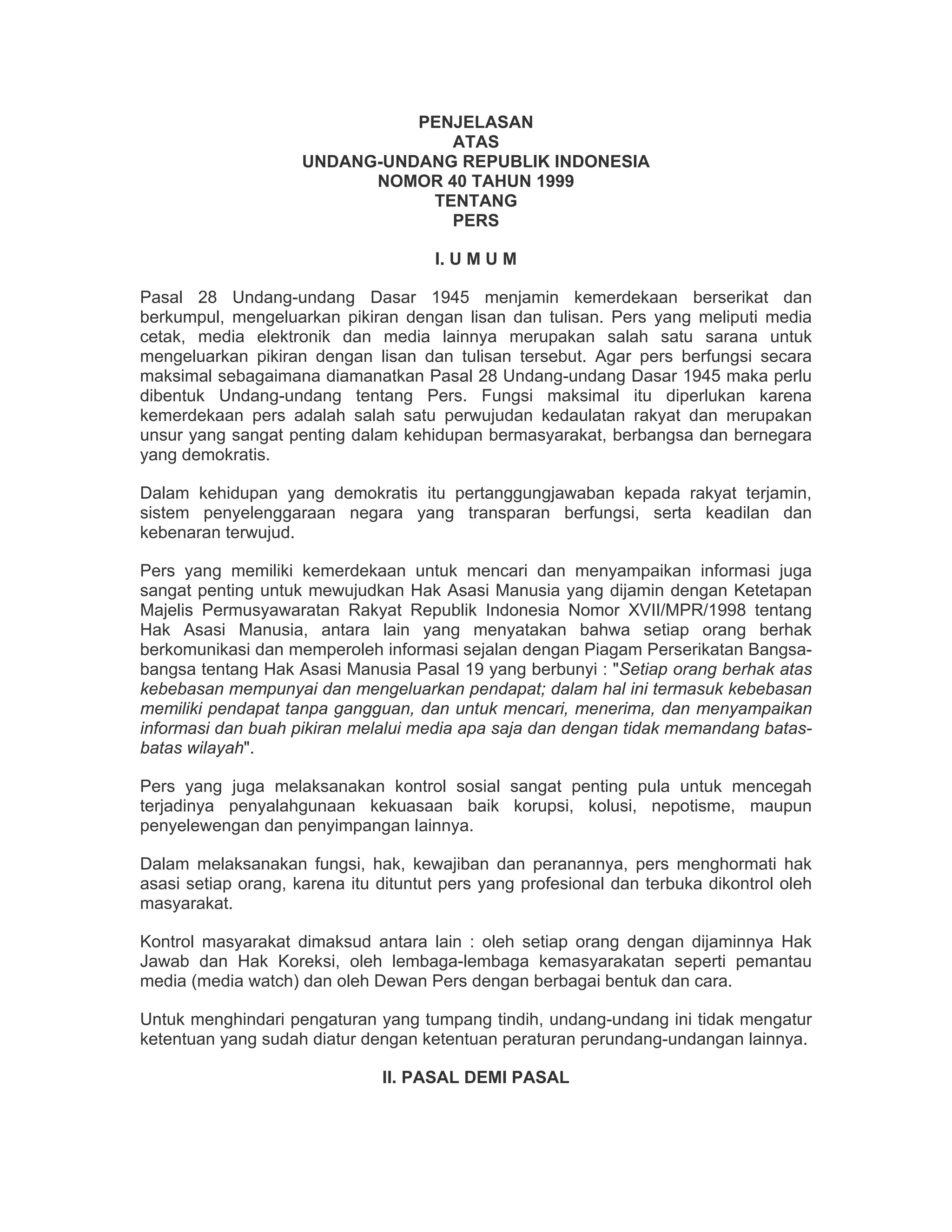 Uu no. 40 tahun 1999 tentang pers | PDF