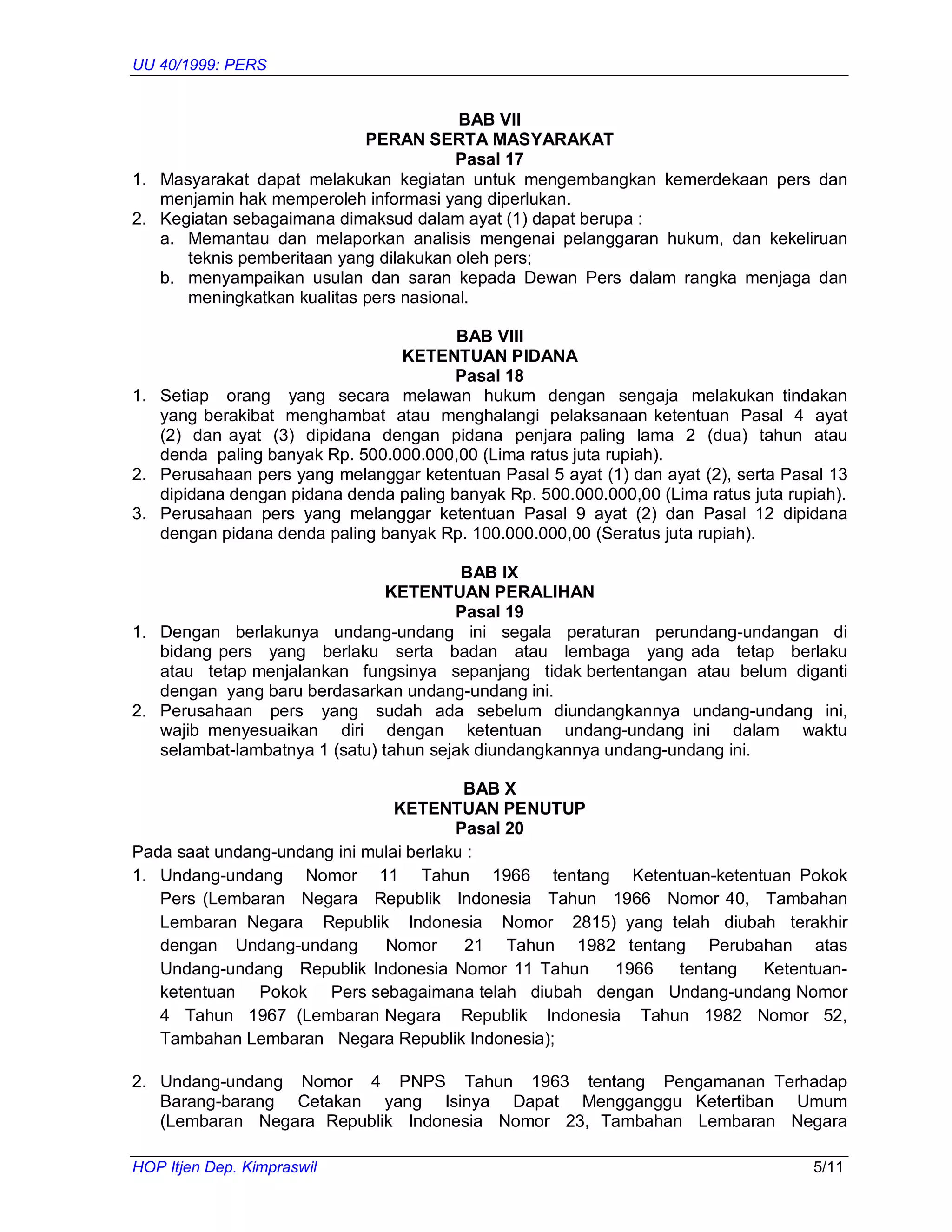 Uu no. 40_tahun_1999_tentang_pers_ | PDF