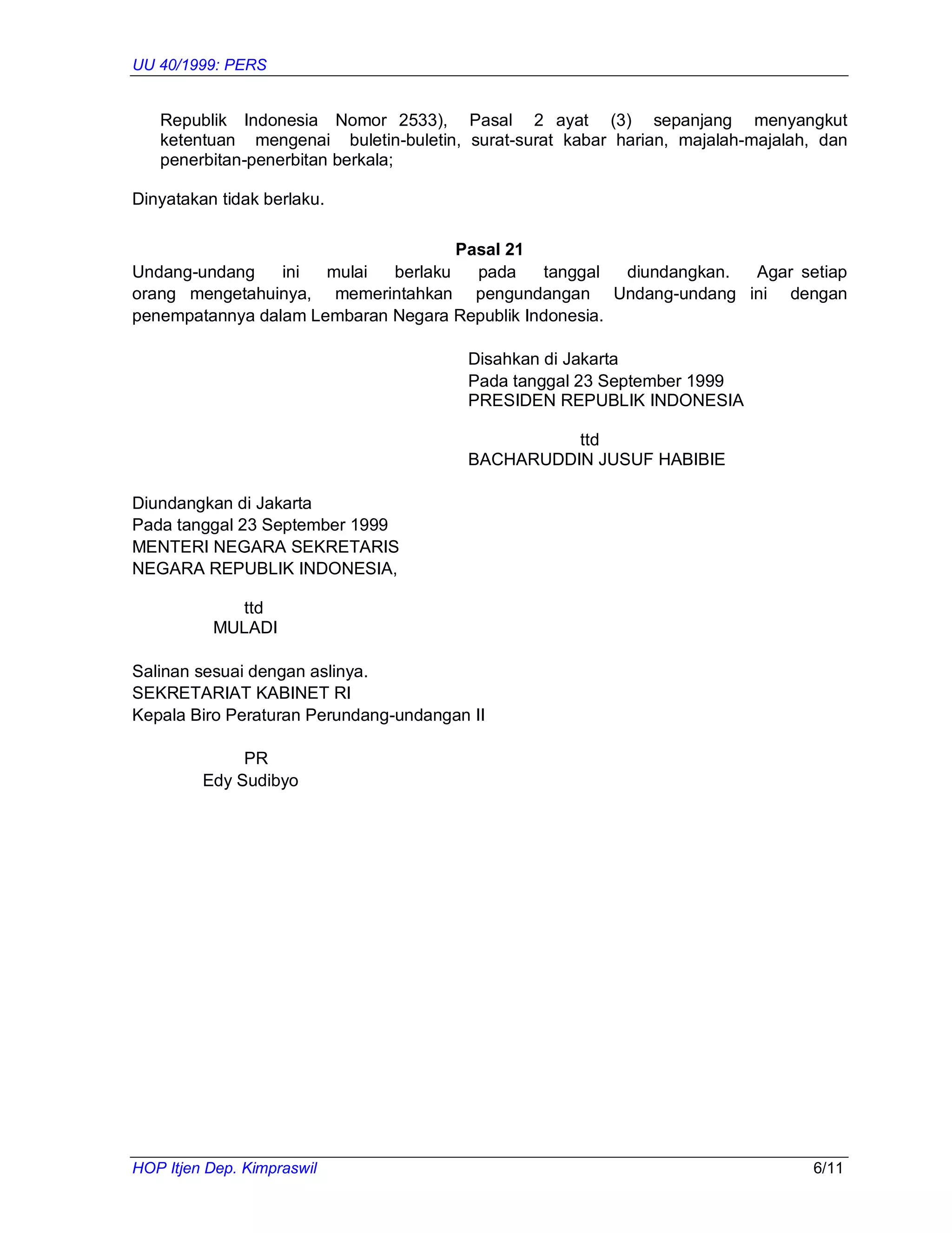 Uu no. 40_tahun_1999_tentang_pers_ | PDF