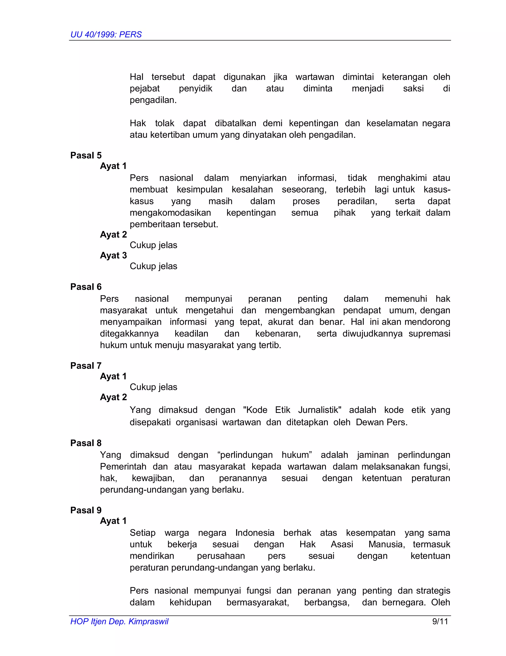 Uu no. 40_tahun_1999_tentang_pers_ | PDF