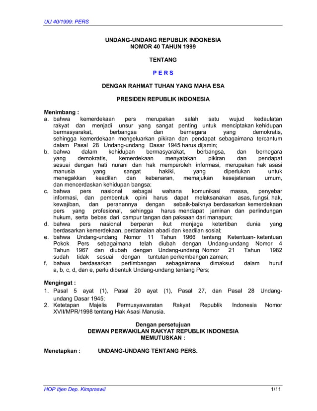 Uu no. 40_tahun_1999_tentang_pers_ | PDF