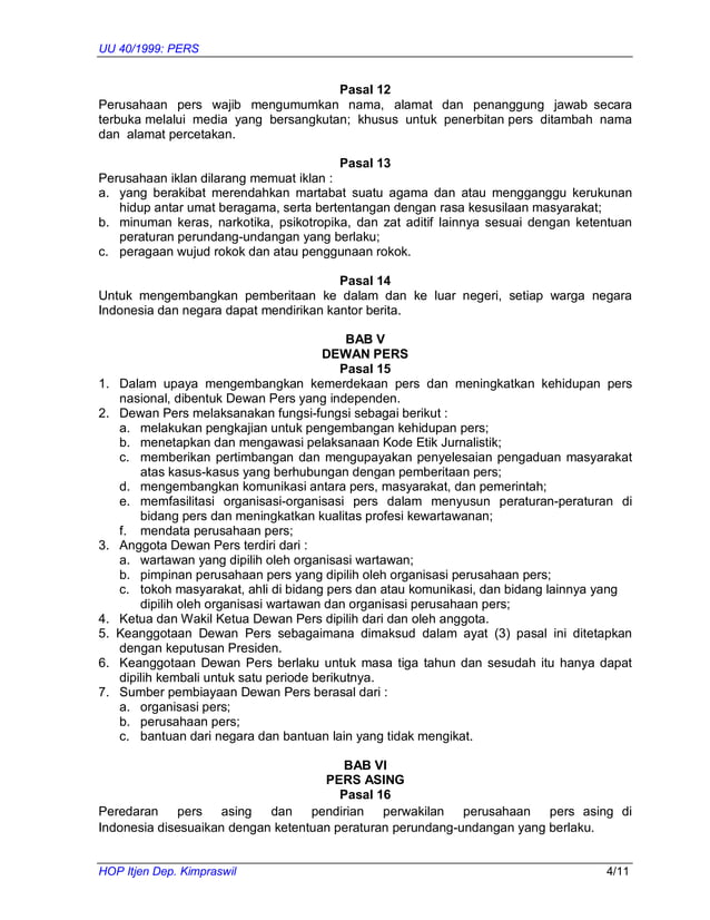 Uu no. 40_tahun_1999_tentang_pers_ | PDF