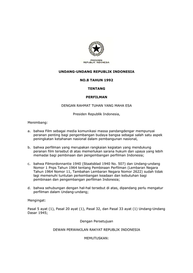 Uu No. 8 Tahun 1992 Tentang Perfilman | PDF