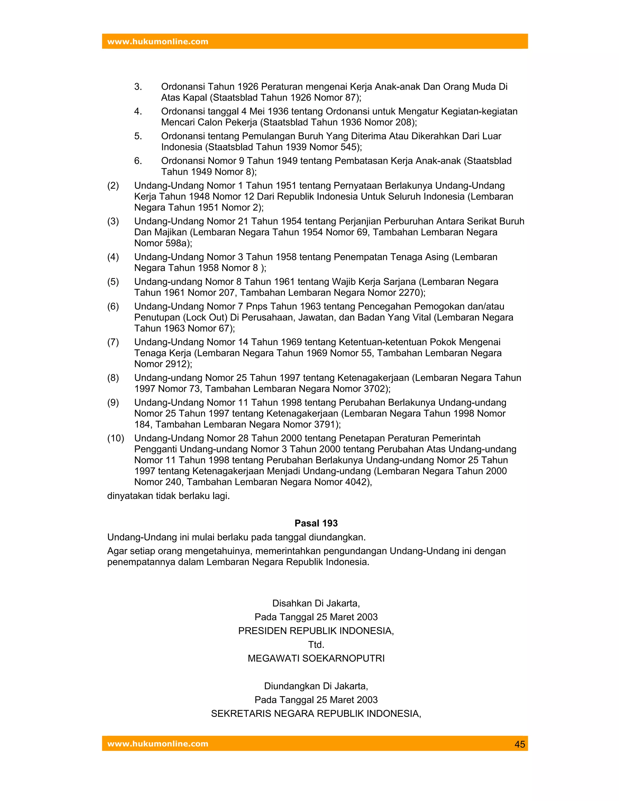 Uu no 13 tahun 2003 ketenagakerjaan | PDF