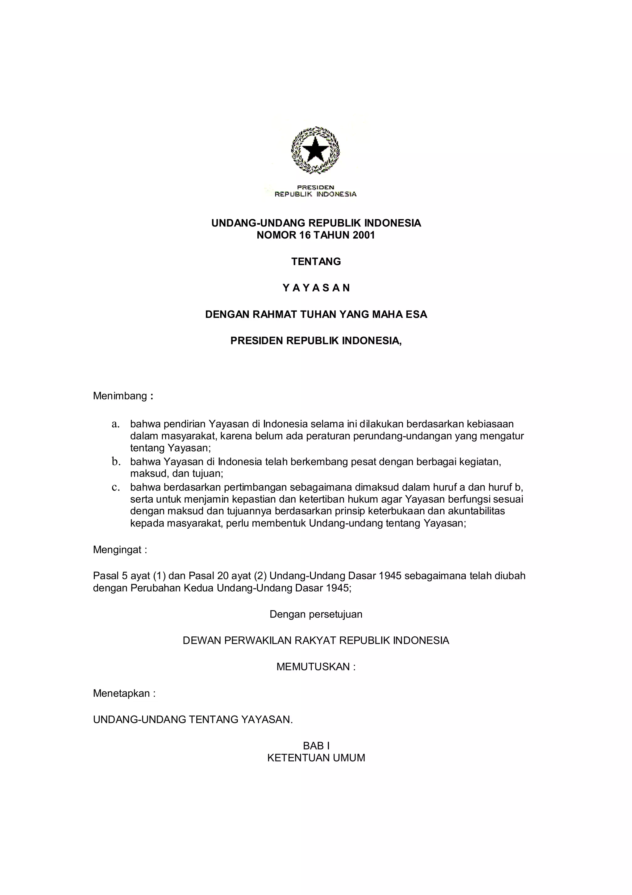 Uu no 16_th_2001 yayasan | PDF