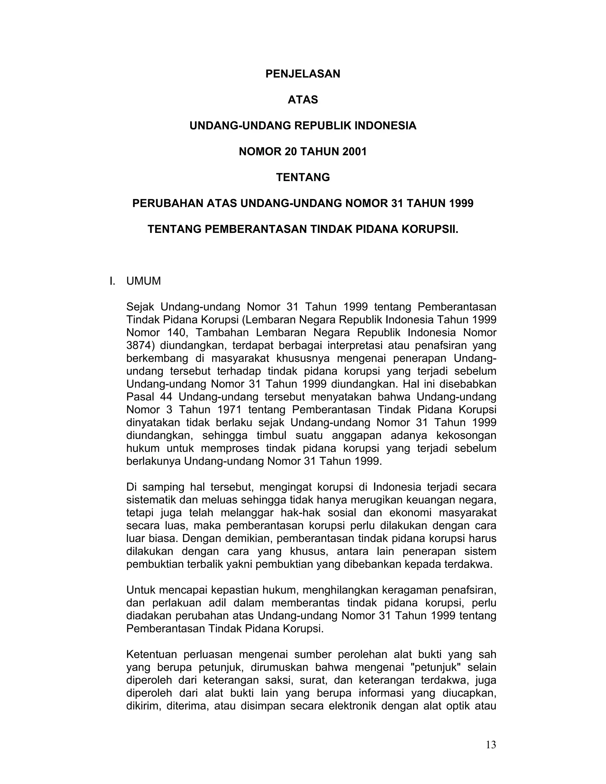 UU No 20 tahun 2001 ttg Pemberantasan Tipikor | PDF