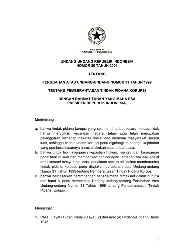 UU No 20 tahun 2001 ttg Pemberantasan Tipikor | PDF