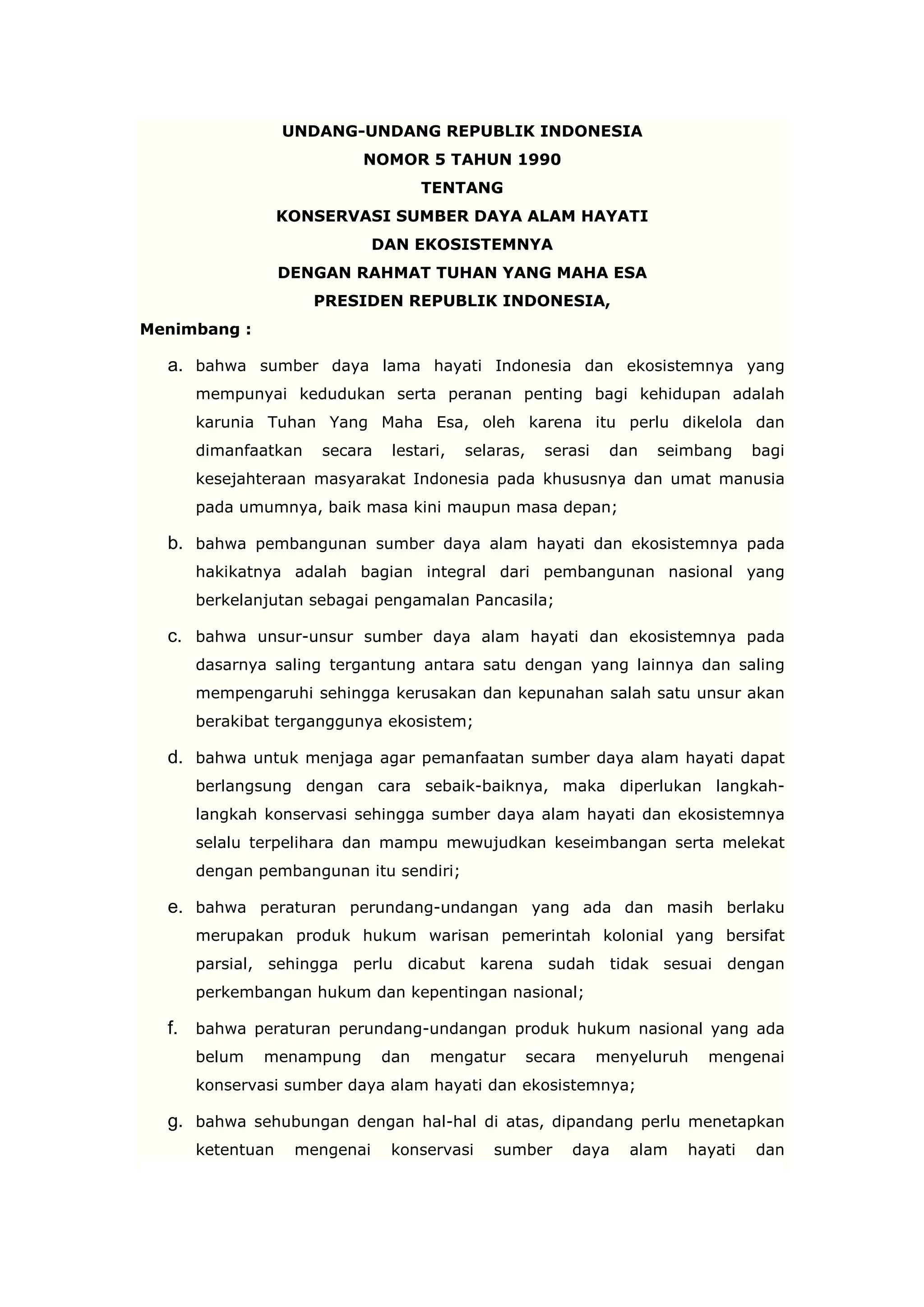 UU No 5 Tahun 1990 tentang Konservasi SDA Hayati dan Ekosistemnya | PDF