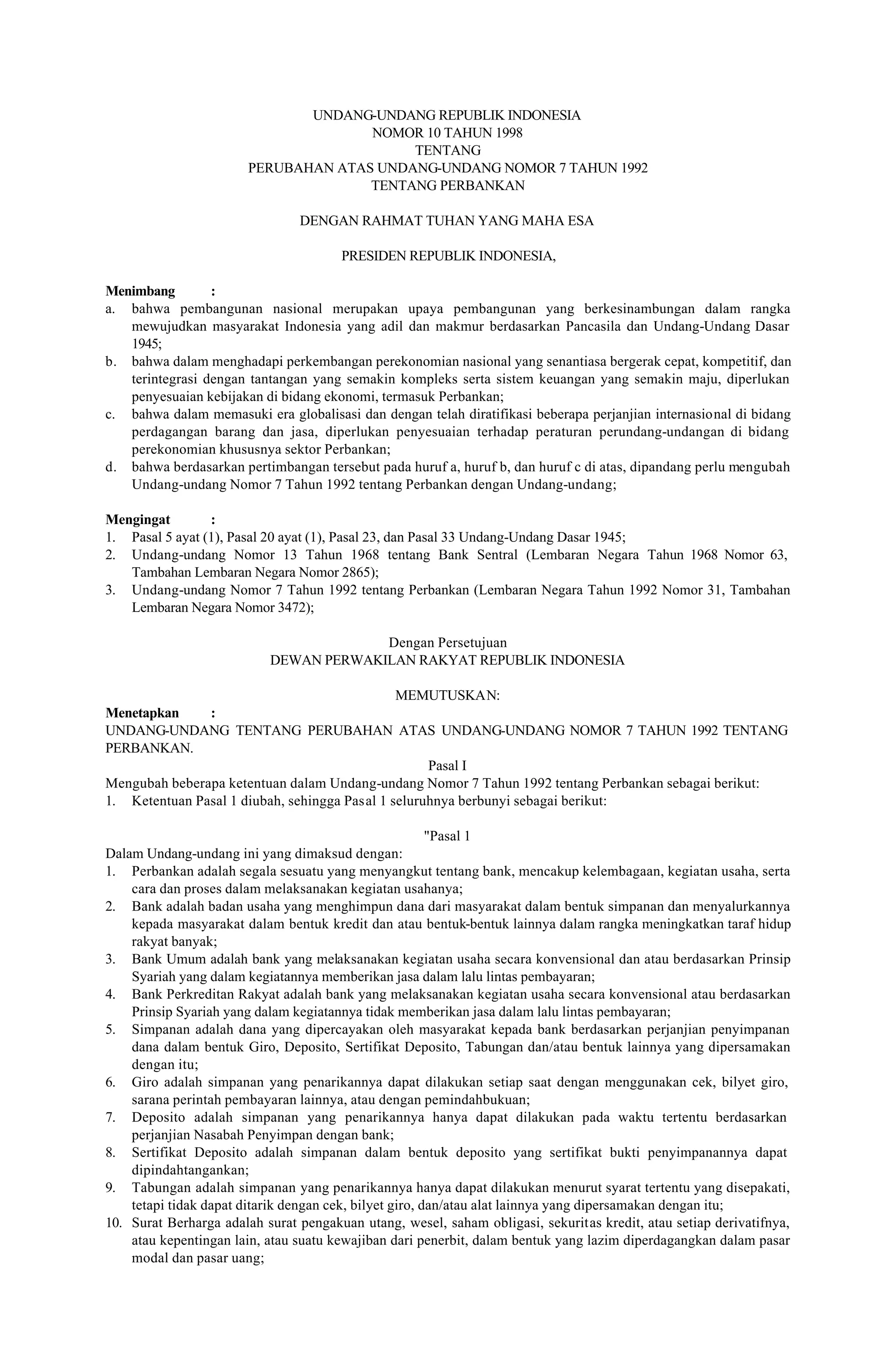 Uu nomor 10 tahun 1998 tentang perbankan | PDF