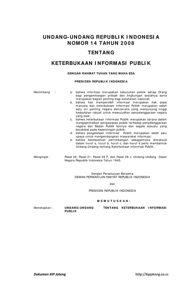 UU Nomor 14 Tahun 2008 Tentang Keterbukaan Informasi Publik | PDF