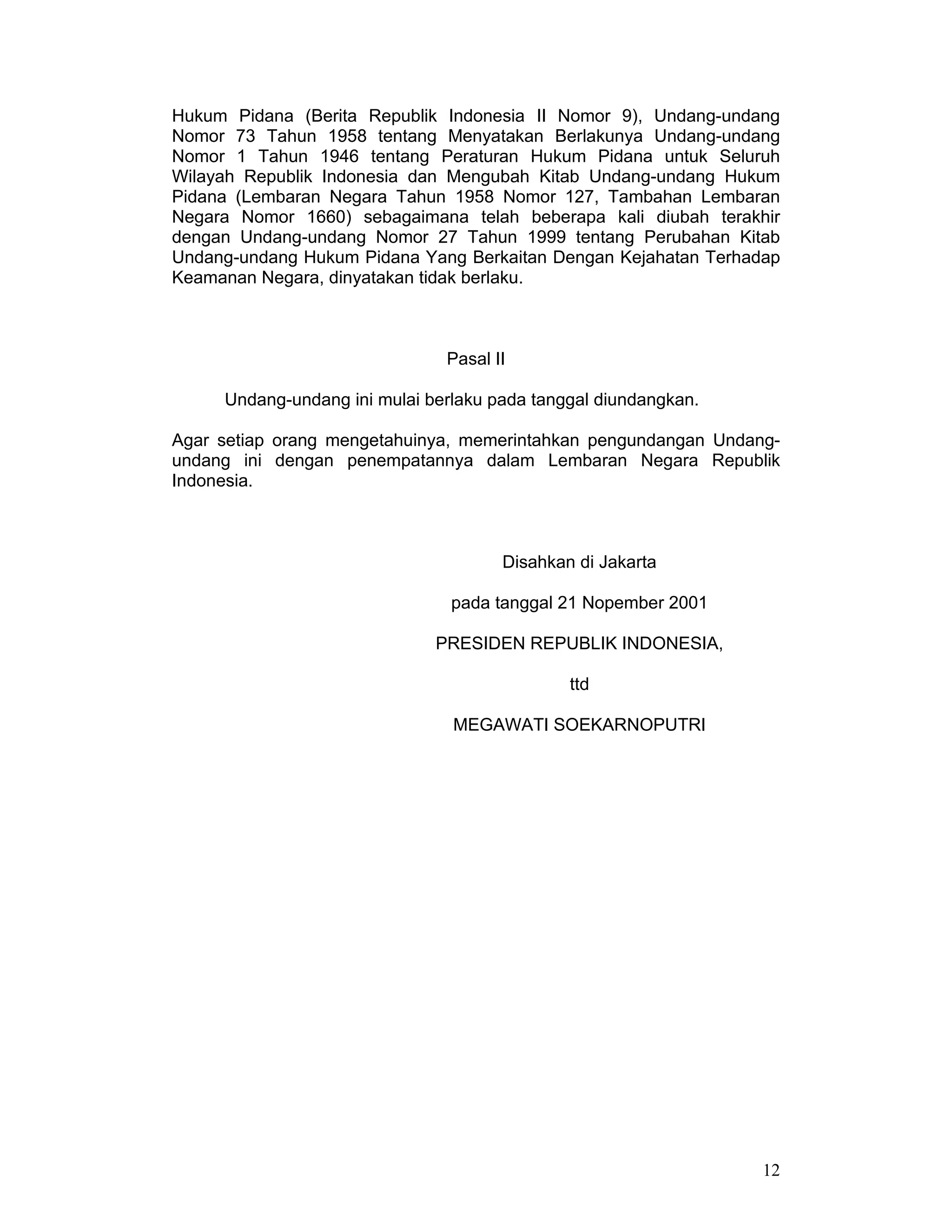 Uu nomor 20 tahun 2001 tentang perubahan atas uu nomor 31 ta | PDF