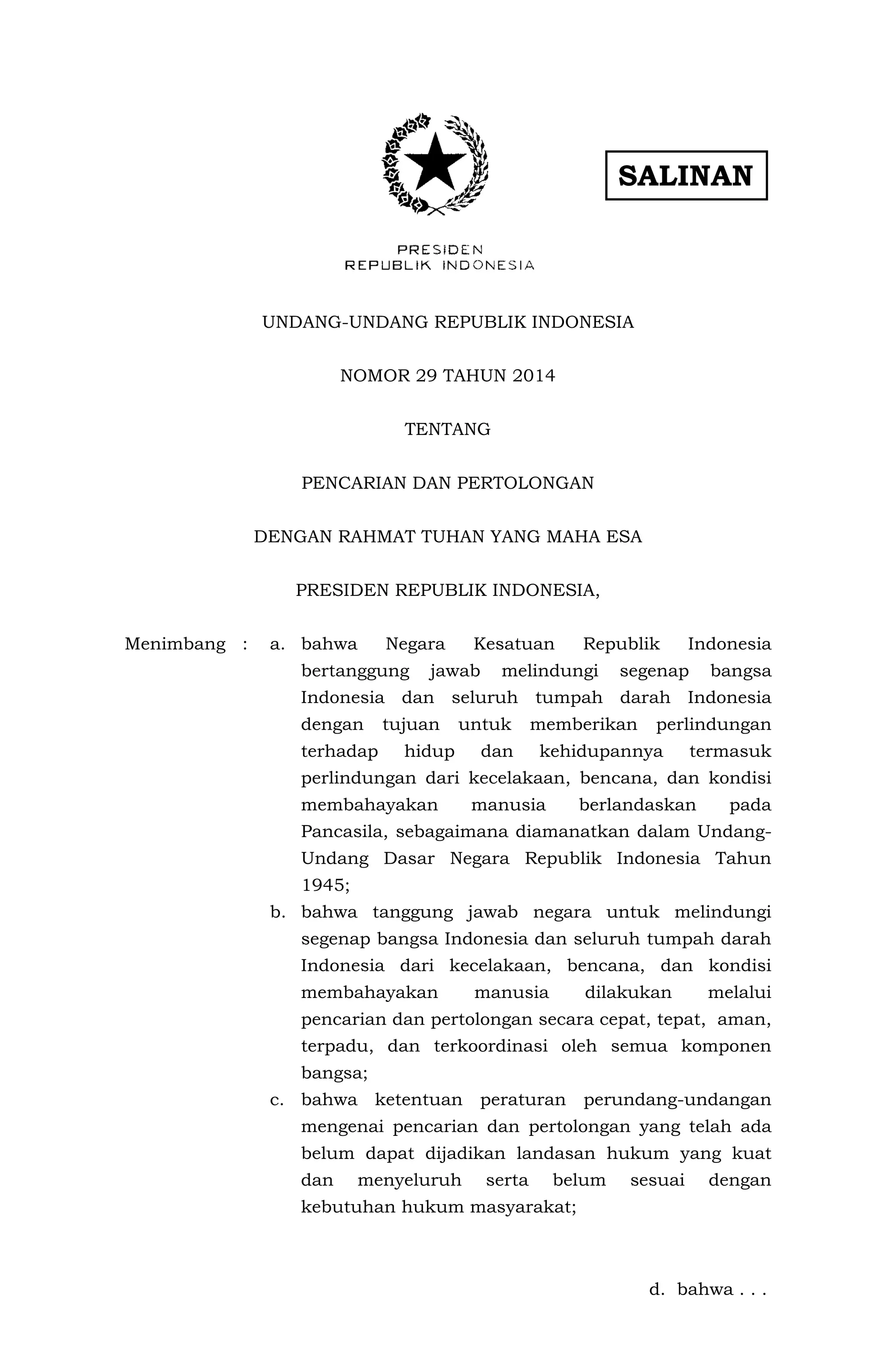 Uu nomor 29 tahun 2014 pencarian dan pertolongan | PDF