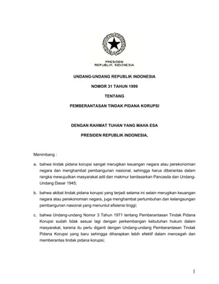 Uu nomor 31 tahun 1999 tentang pemberantasan korupsi | PDF