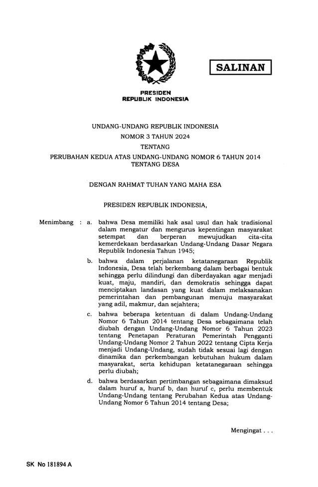 UU Nomor 3 Tahun 2024 Tentang Perubahan Kedua UU 6 Tahun 2014 | PDF