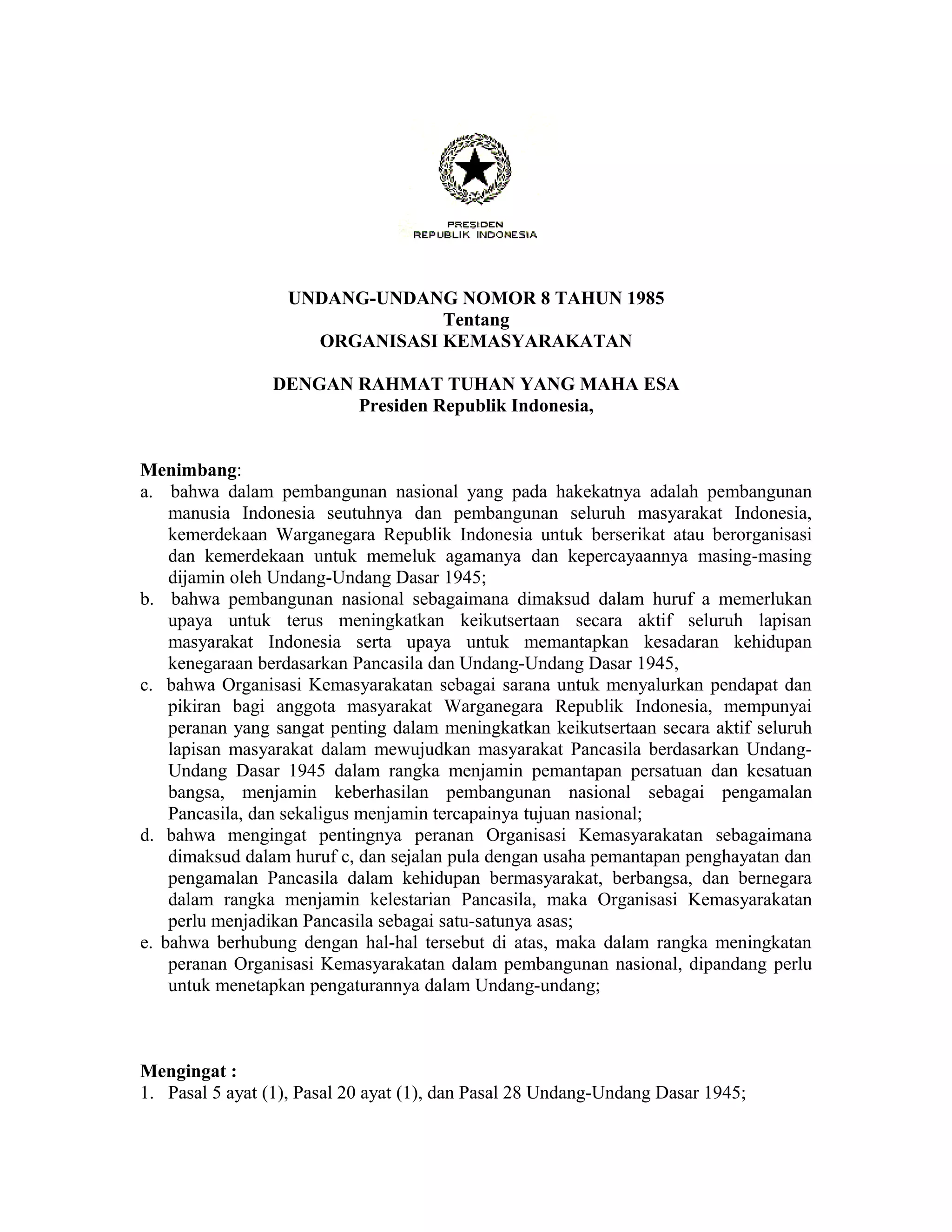 Uu nomor 8 tahun 1985 tentang organisasi kemasyarakatan | PDF