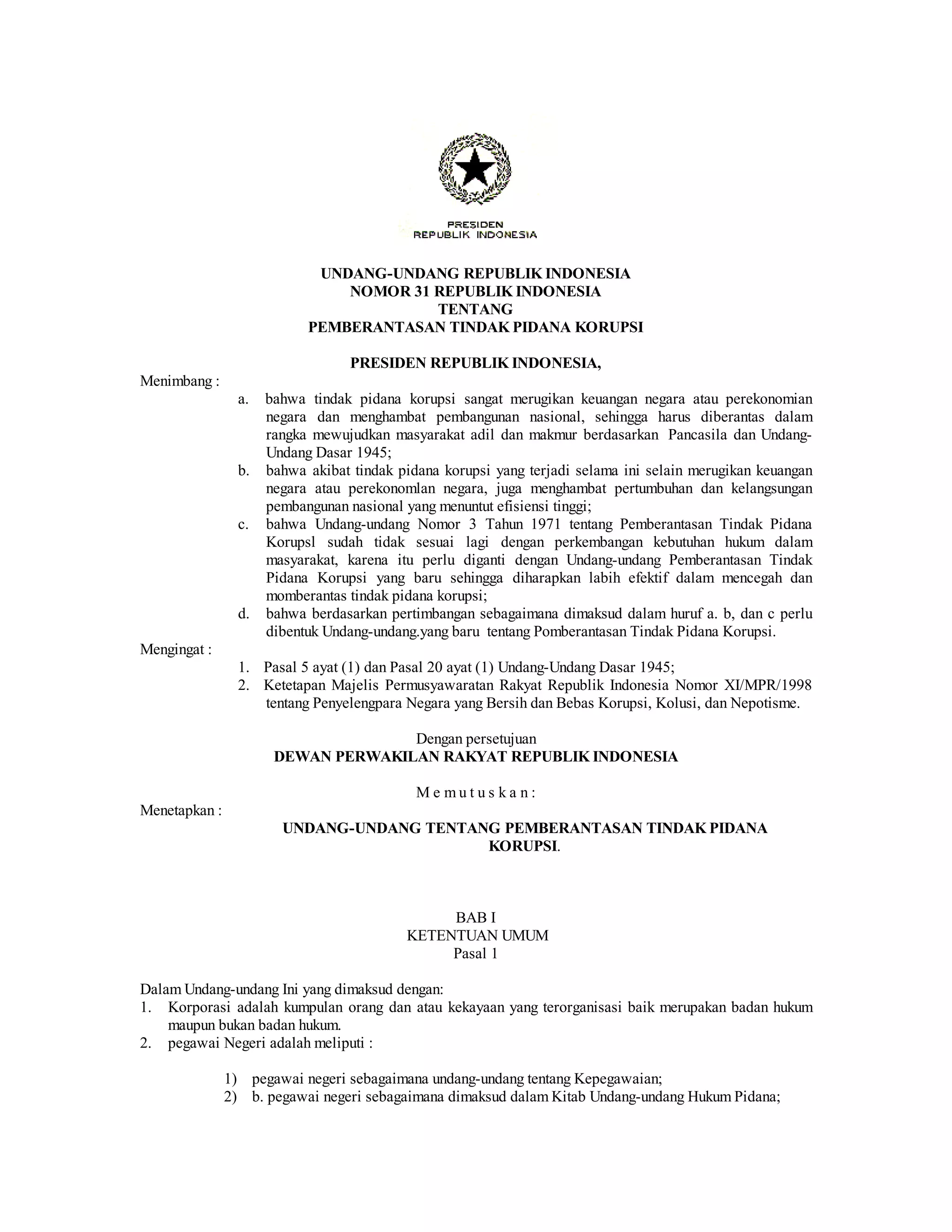 UU RI No. 31 Tentang Pemberantasan Tindak Pidana Korupsi | PDF