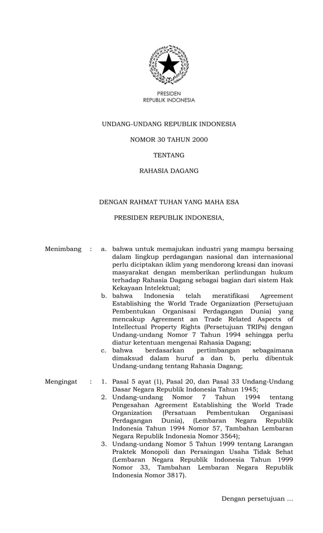 Uu tahun 2000 no. 3o tentang rahasia dagang | PDF