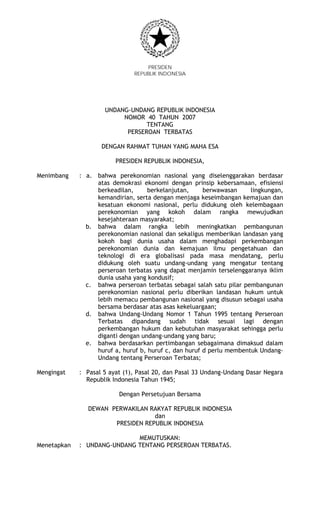 Uu tahun 2007 no. 40 tentang perseroan terbatas | PDF