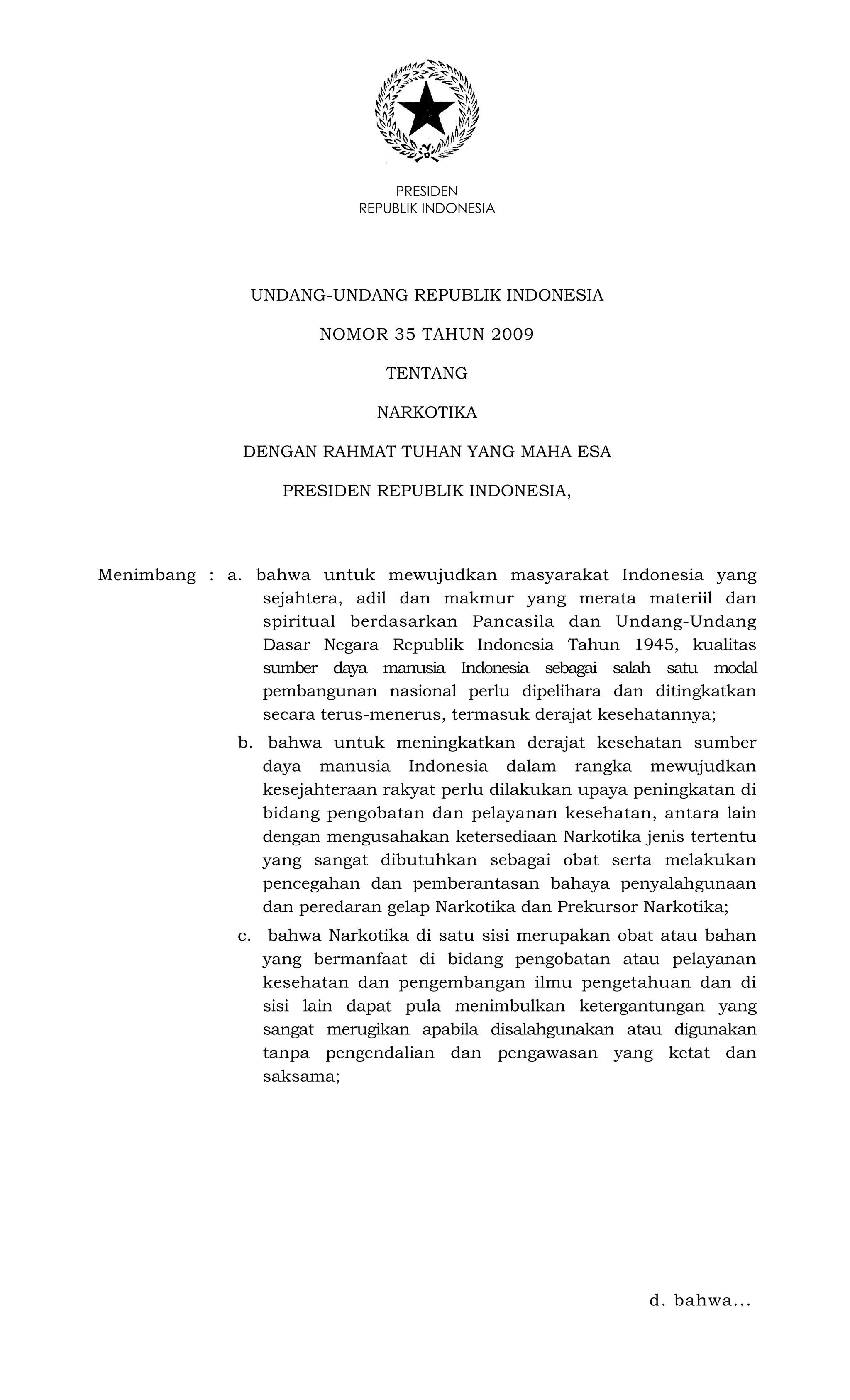 Uu tahun 2009 no. 35 tentang narkotika | PDF
