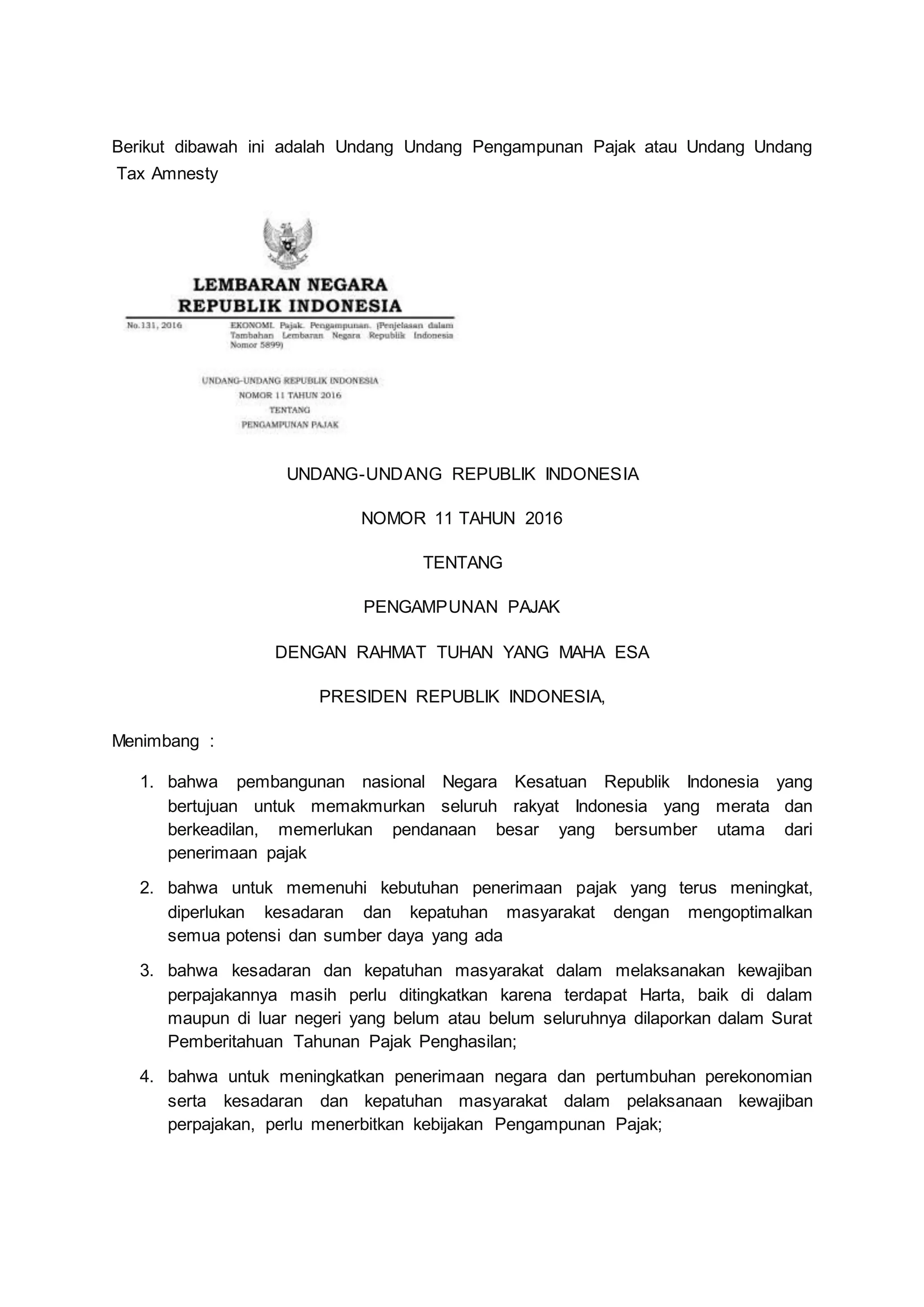 UNDANG-UNDANG PENGAMPUNAN PAJAK INDONESIA | DOCX