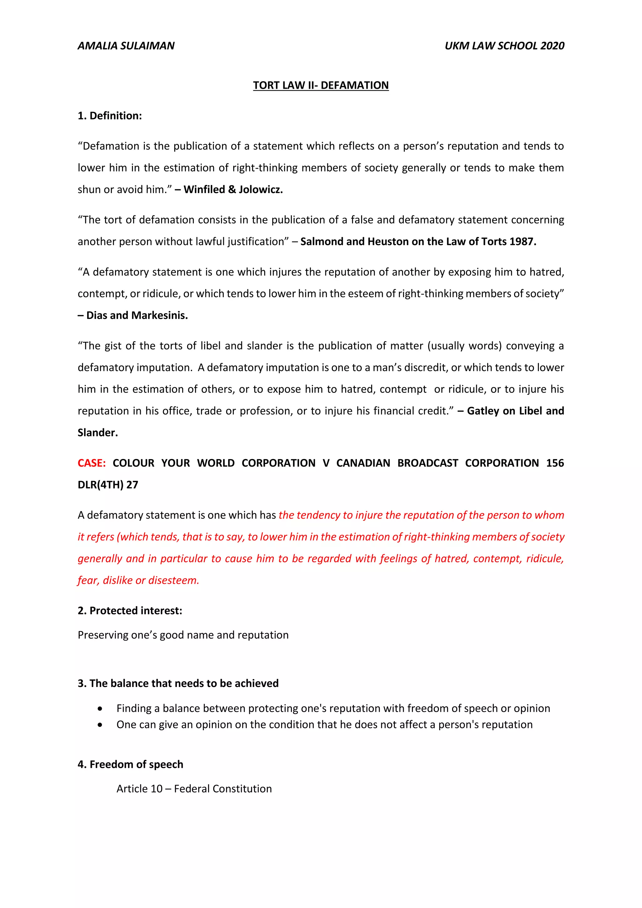 TORT II [defamation notes] | PDF