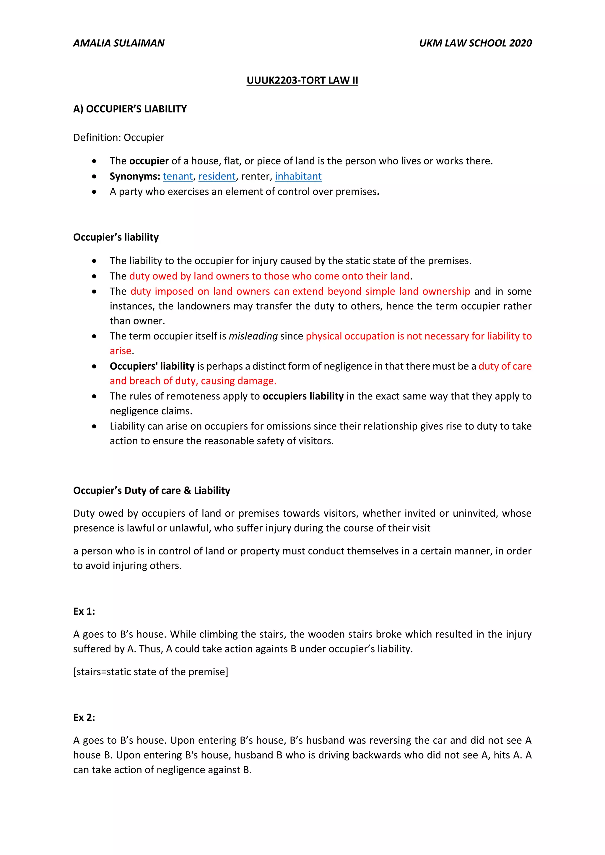 TORT II [occupier's liability notes] | PDF