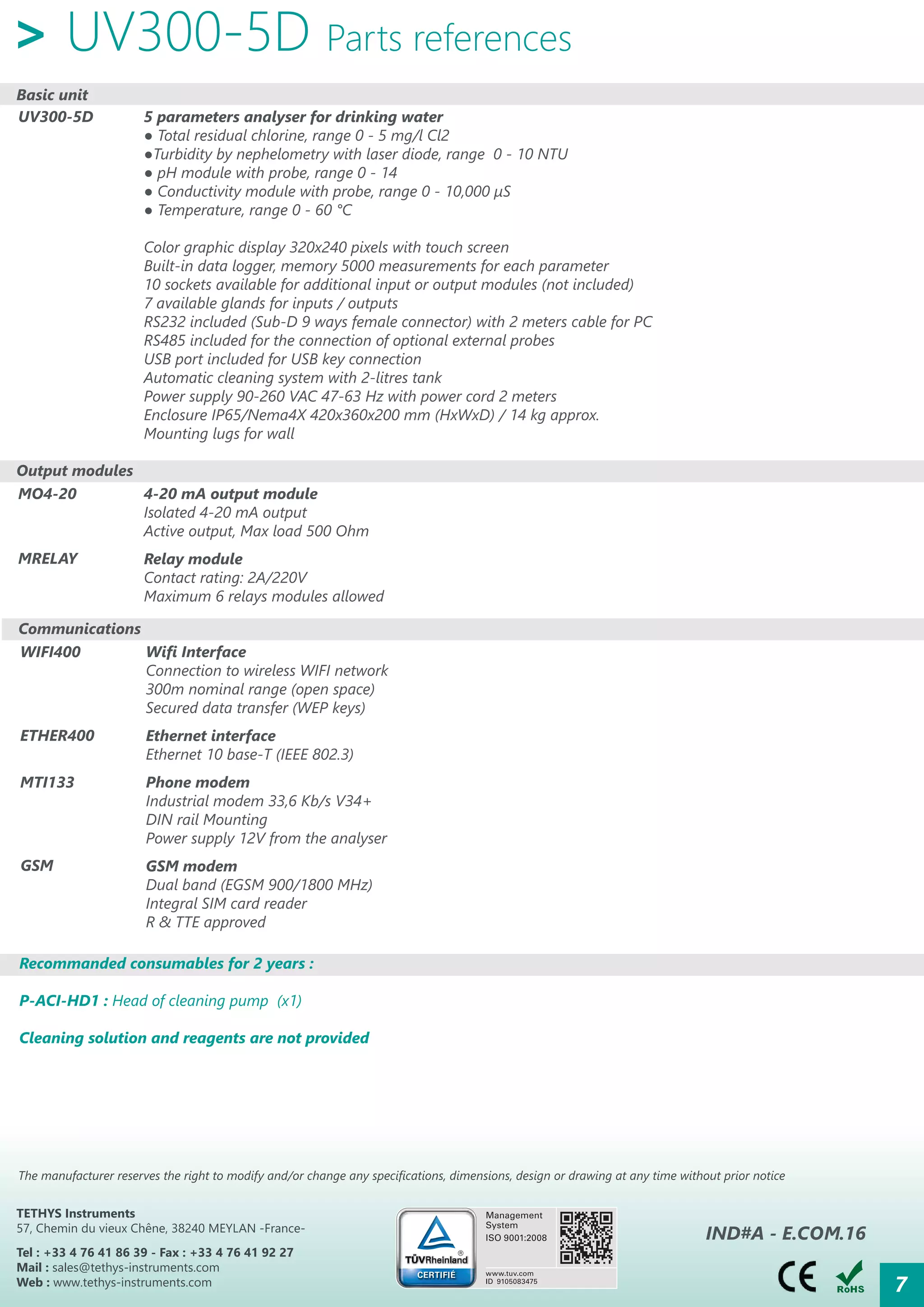 UV300-5D online analyser for drinking water-tethys datasheet | PDF