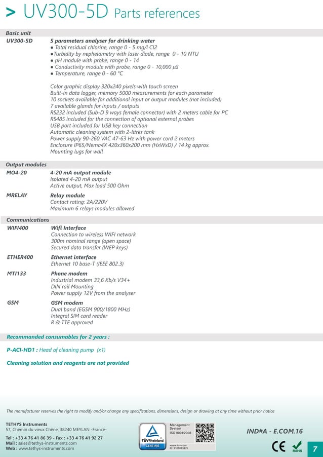 UV300-5D online analyser for drinking water-tethys datasheet | PDF