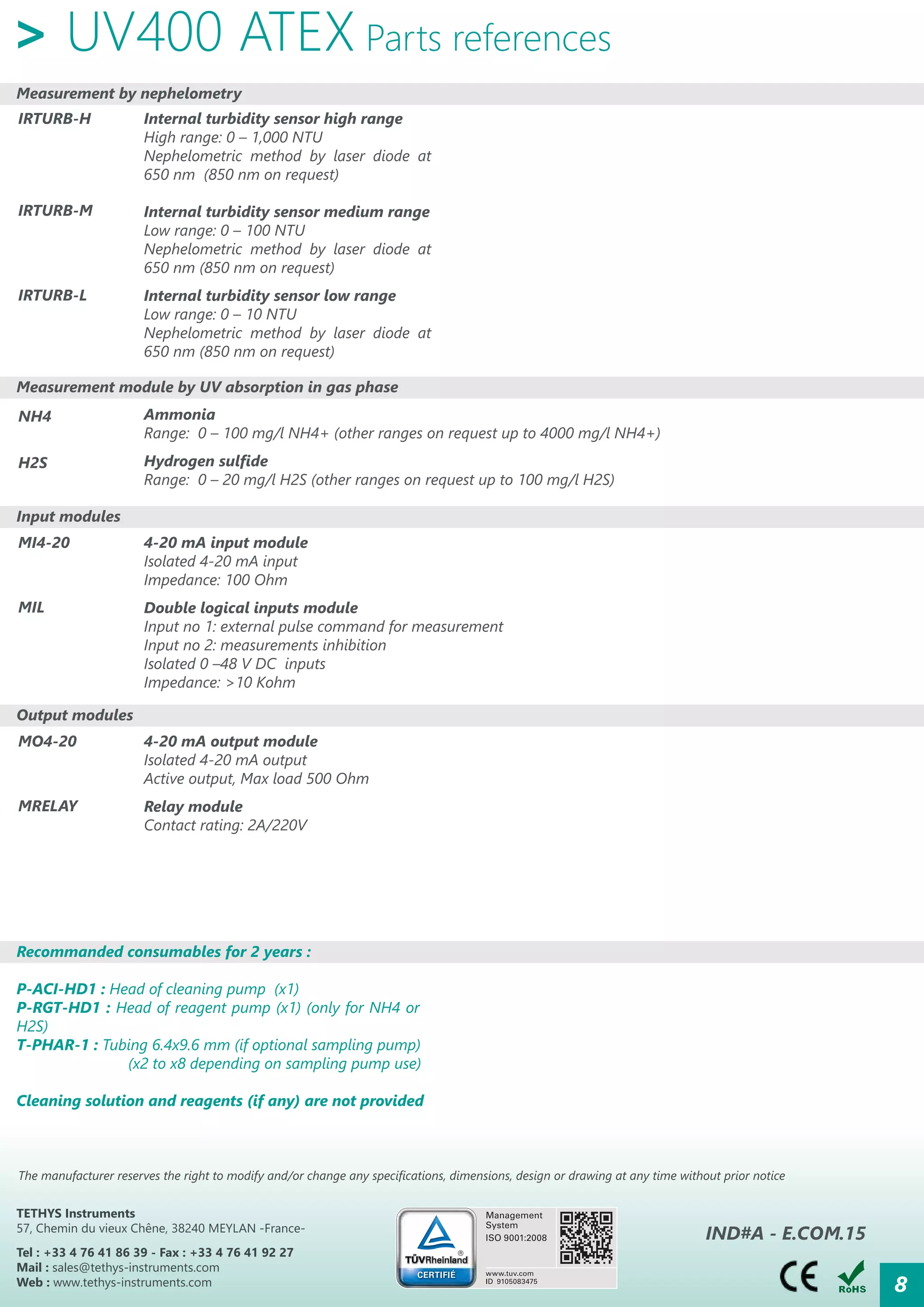 UV400-ATEX online water analyser-tethys datasheet | PDF