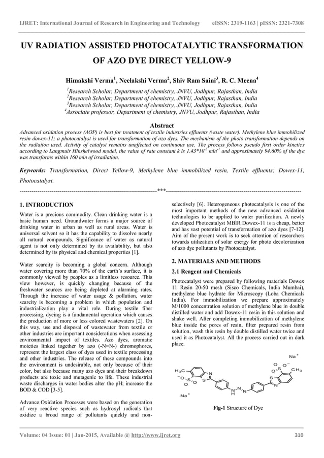 Uv radiation assisted photocatalytic transformation of azo dye direct yellow 9 | PDF
