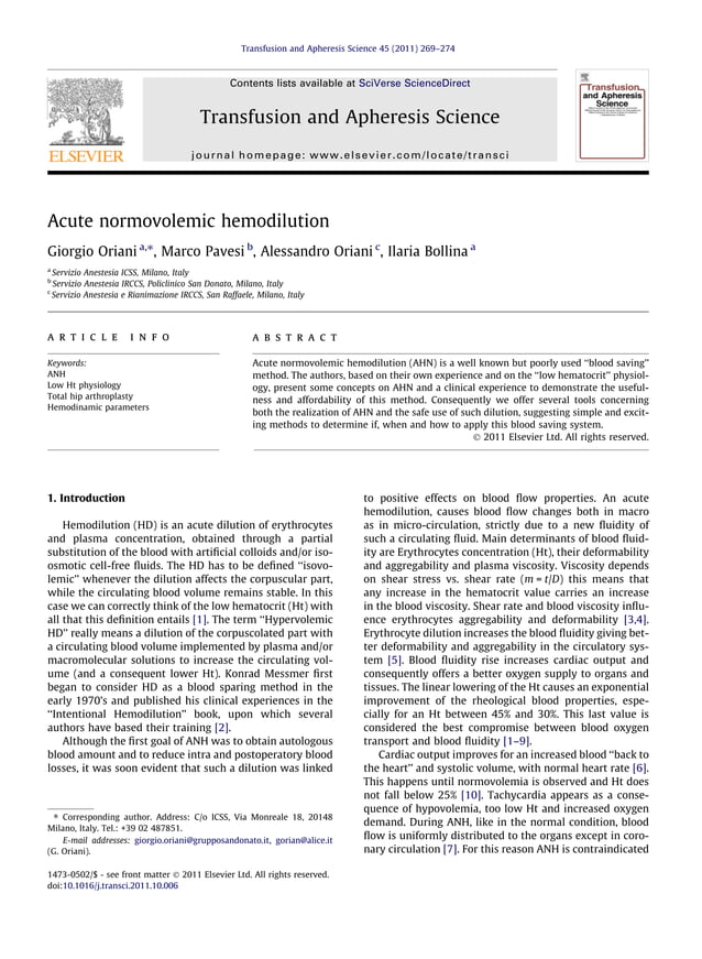 Acute normovolemic hemodilution g. oriani | PDF