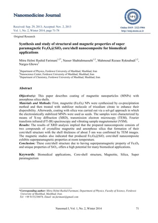 Synthesis and study of structural and magnetic properties of superparamagnetic Fe3O4@SiO2 core ...