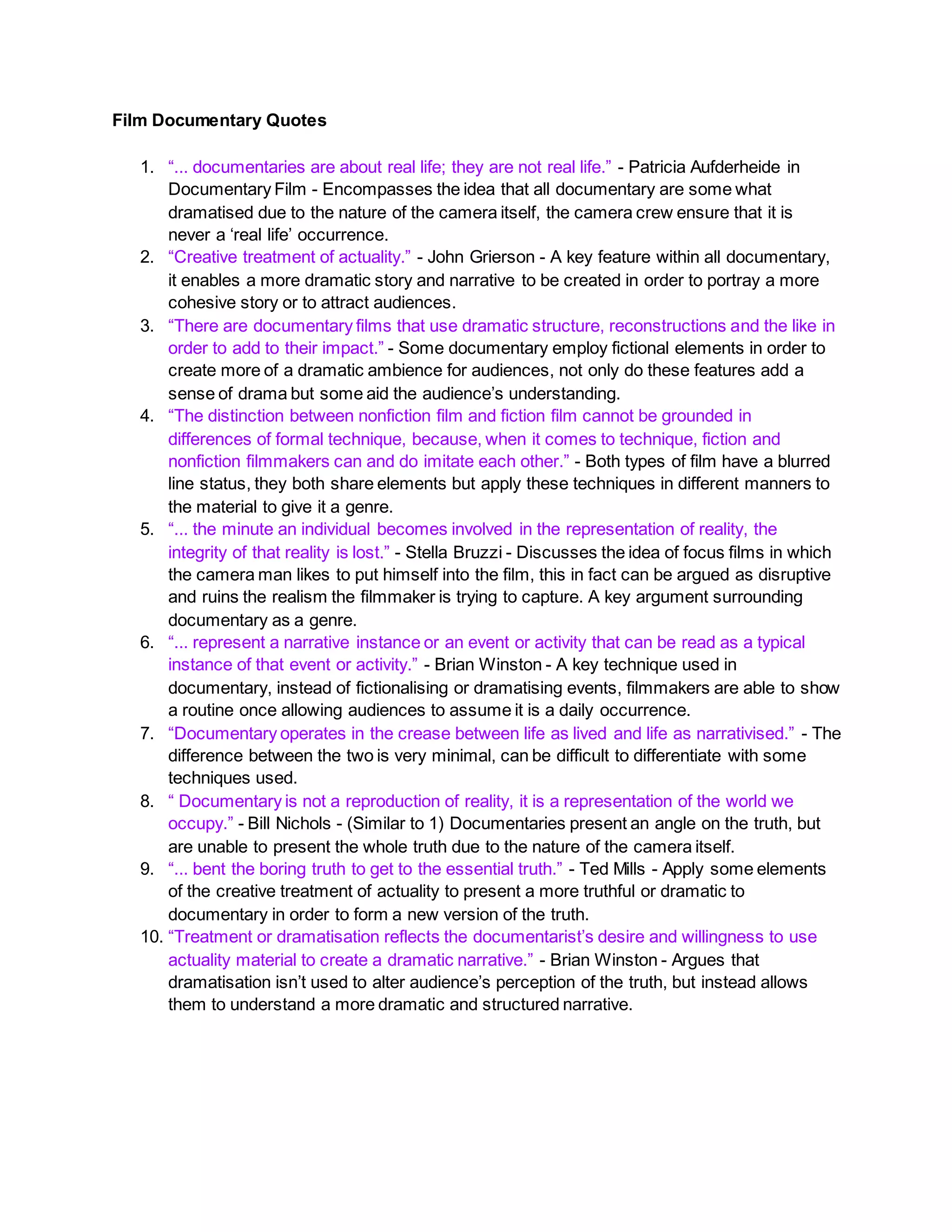 Film documentary quotes | DOCX