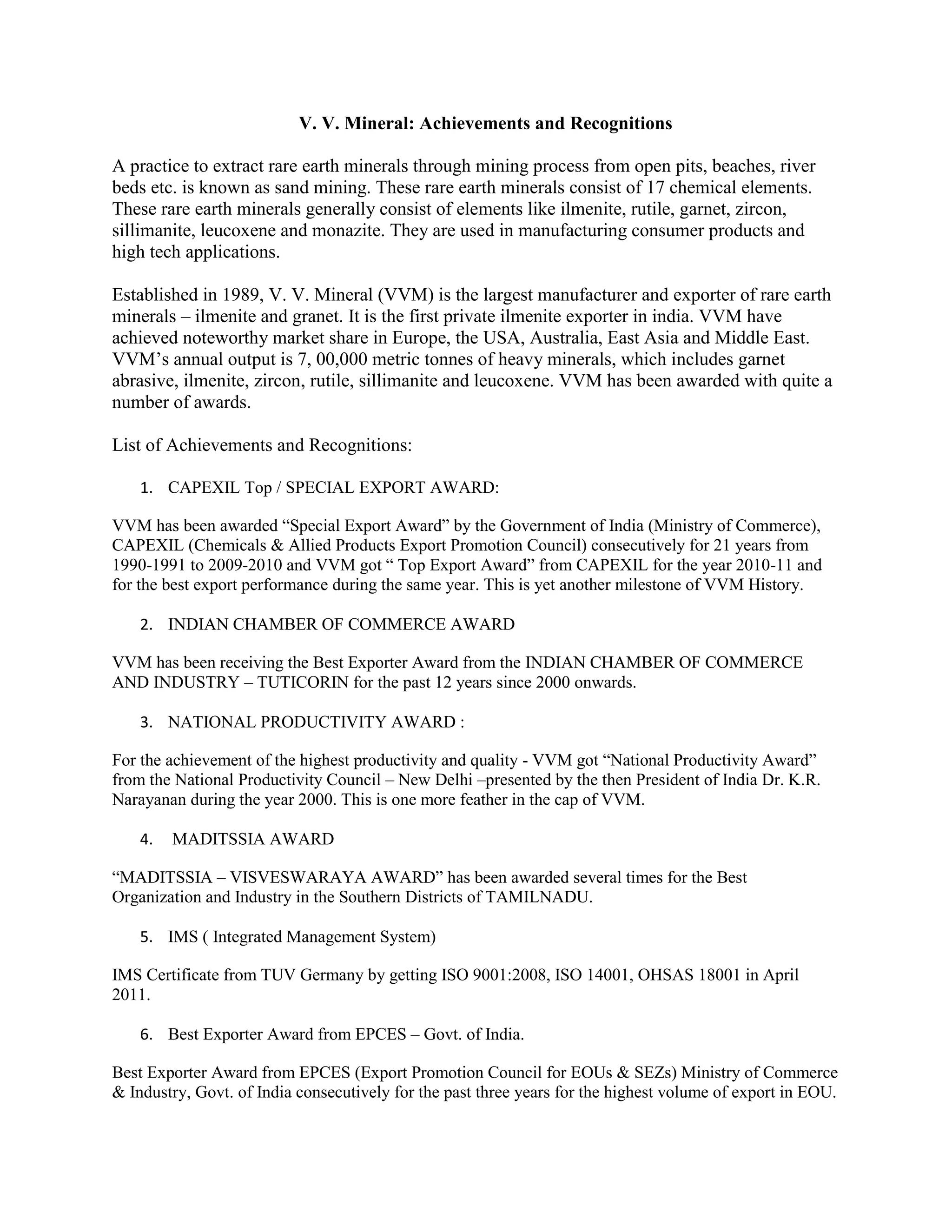 V. v. mineral achievements and recognitions | PDF