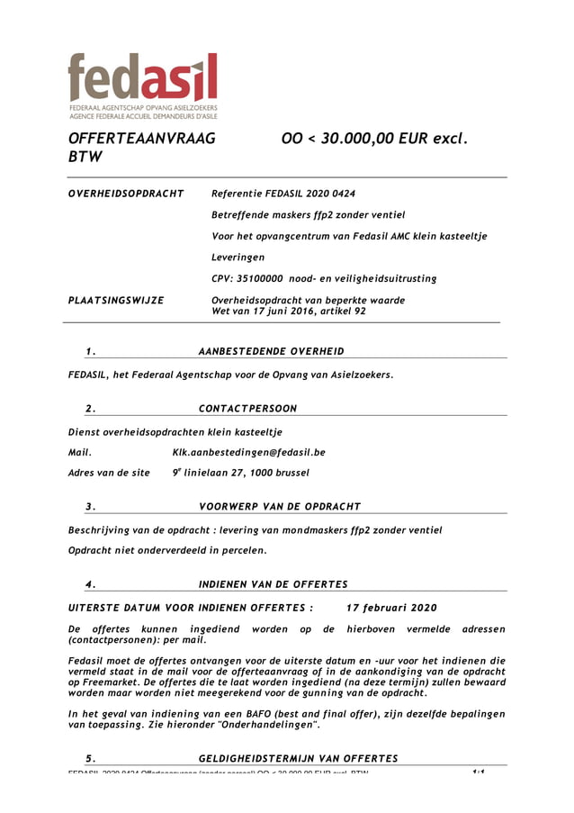 Fedasil bestelt mondmaskers | PDF