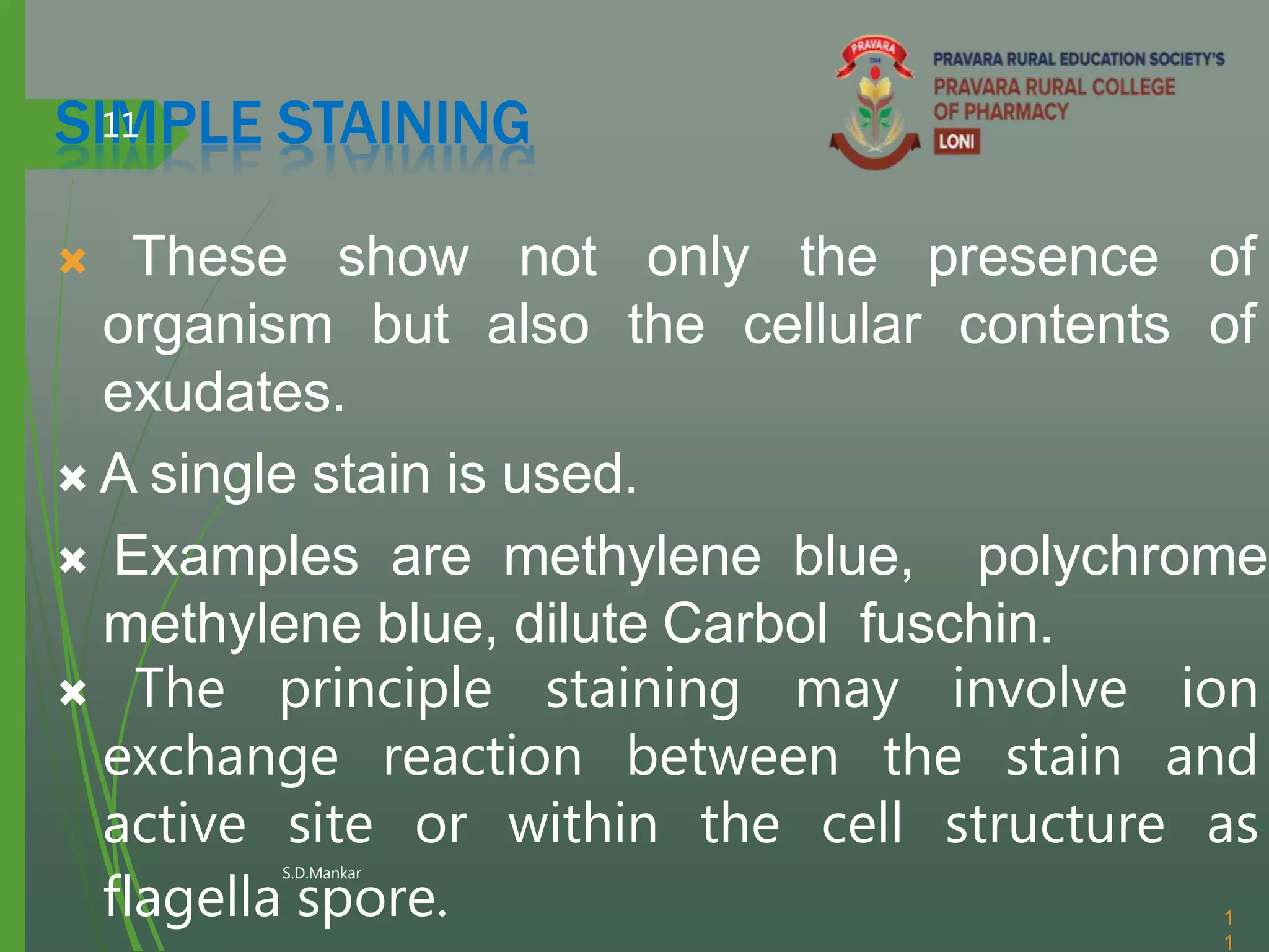 Identification of bacteria by using different staining techniques like simple staining, grams's ...