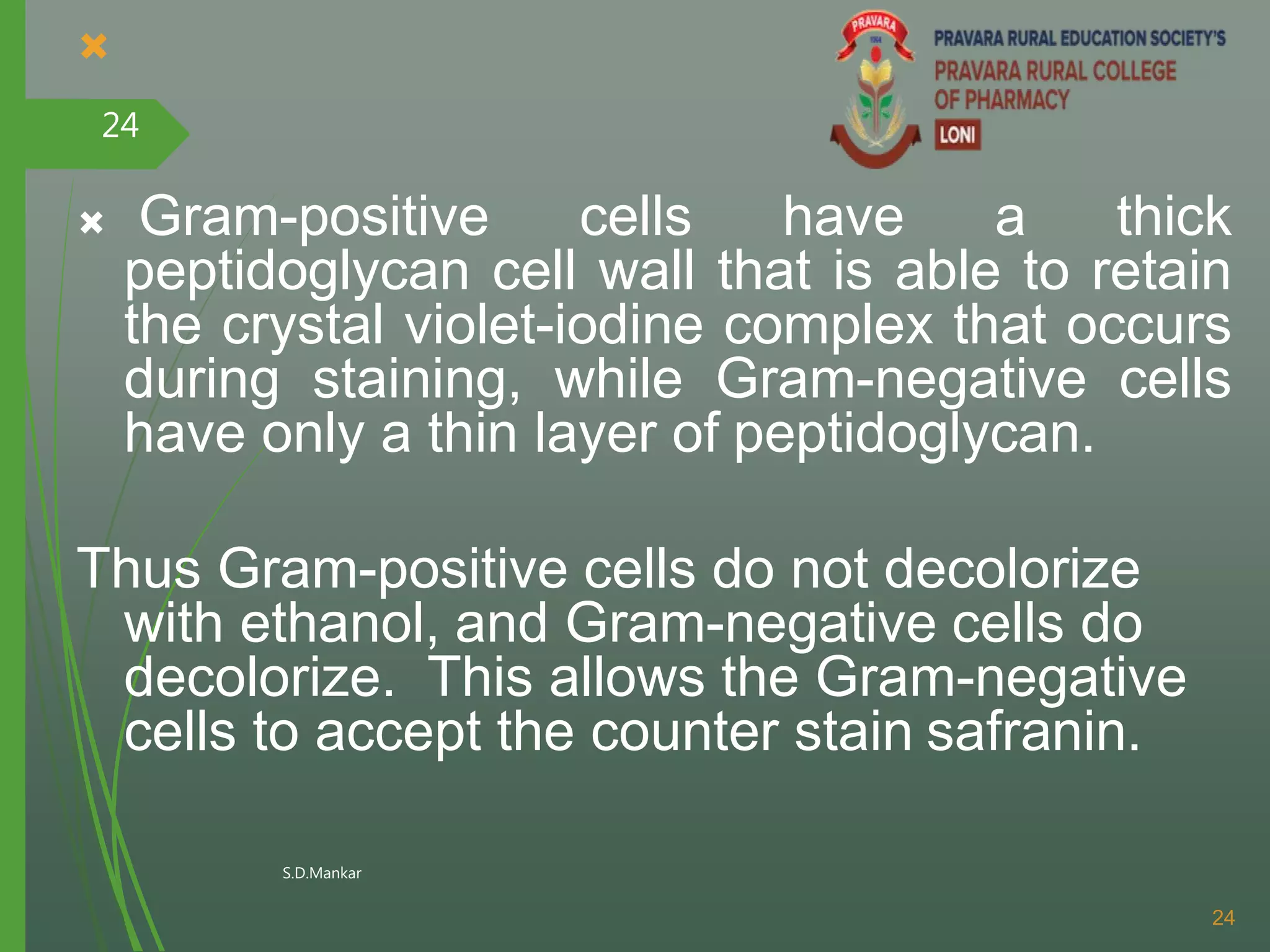 Identification of bacteria by using different staining techniques like simple staining, grams's ...