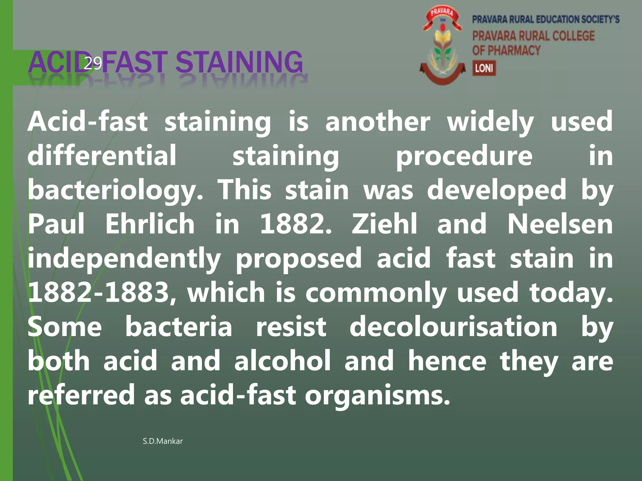 Identification of bacteria by using different staining techniques like simple staining, grams's ...