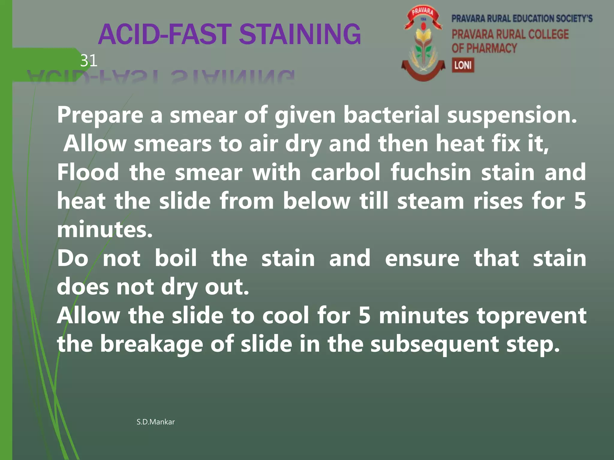 Identification of bacteria by using different staining techniques like simple staining, grams's ...