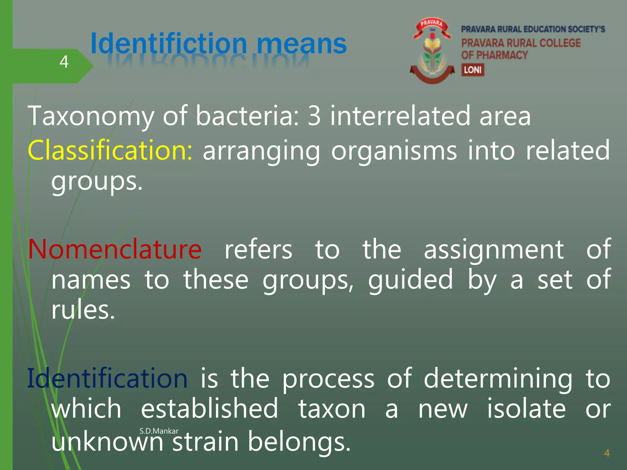 Identification of bacteria by using different staining techniques like simple staining, grams's ...