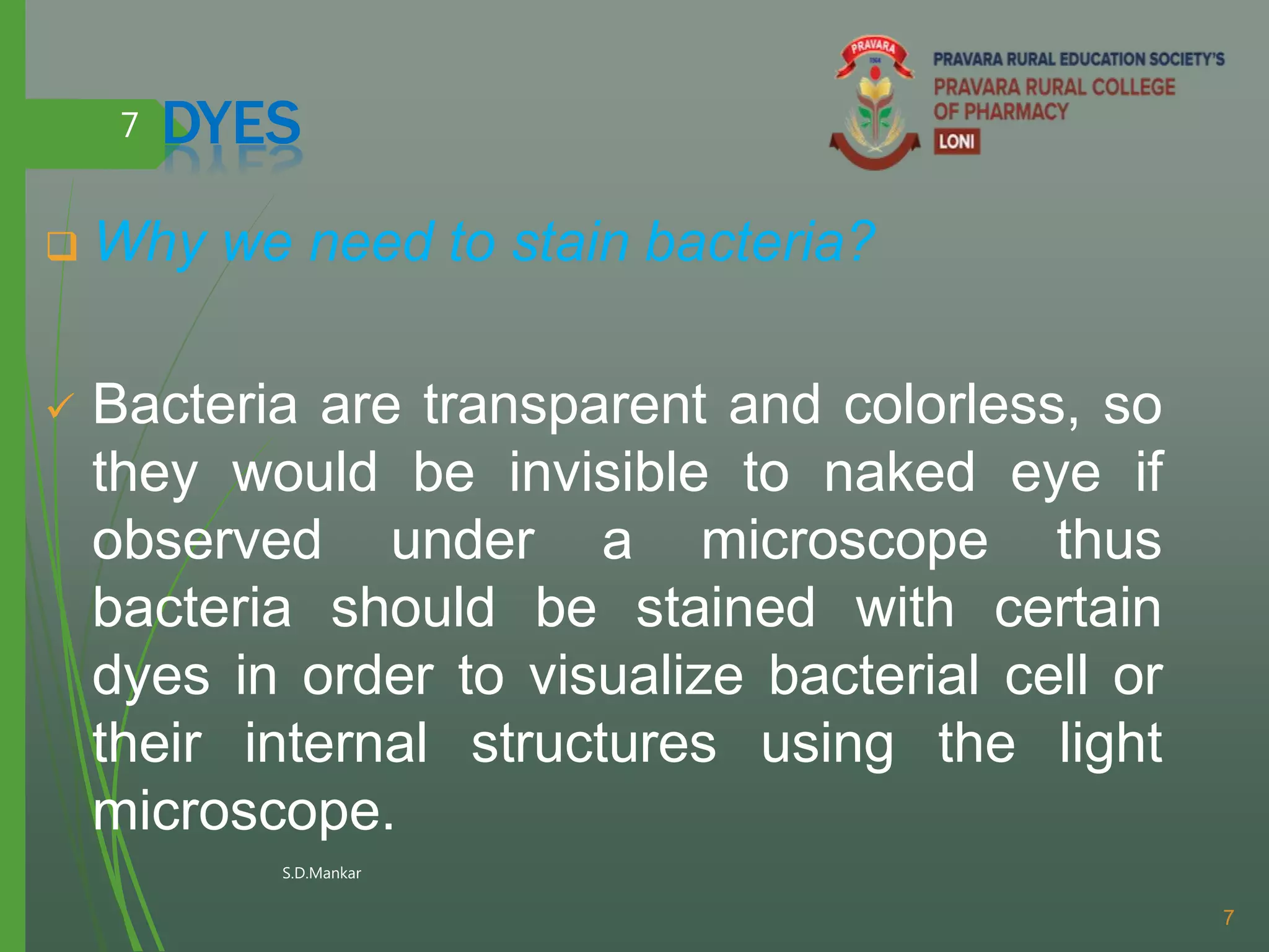 Identification of bacteria by using different staining techniques like simple staining, grams's ...