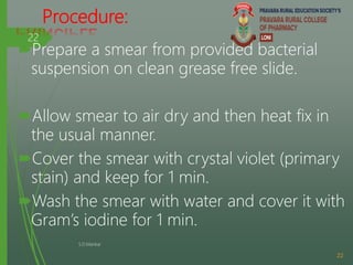 Identification of bacteria by using different staining techniques like simple staining, grams's ...