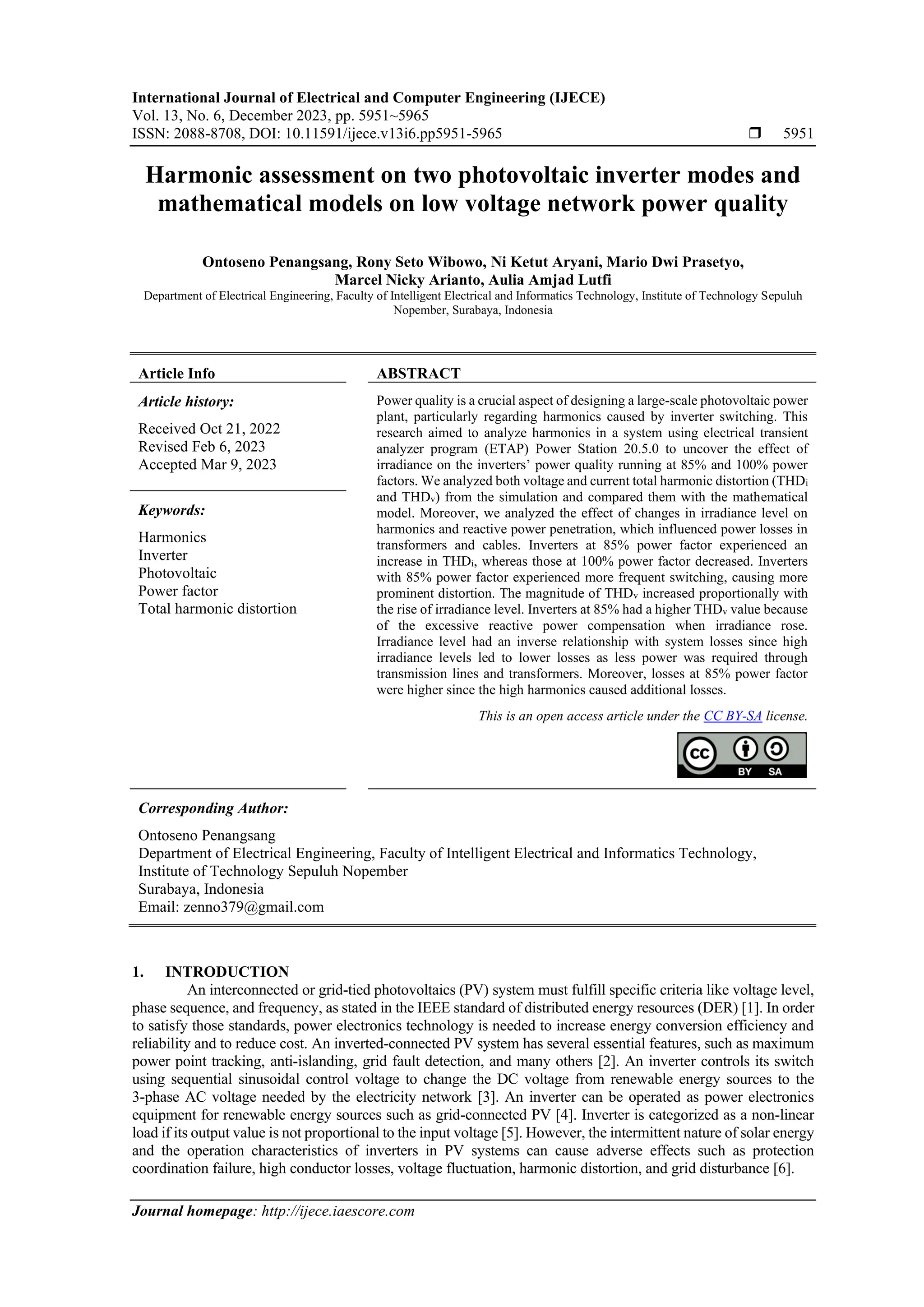 Harmonic assessment on two photovoltaic inverter modes and mathematical models on low voltage ...