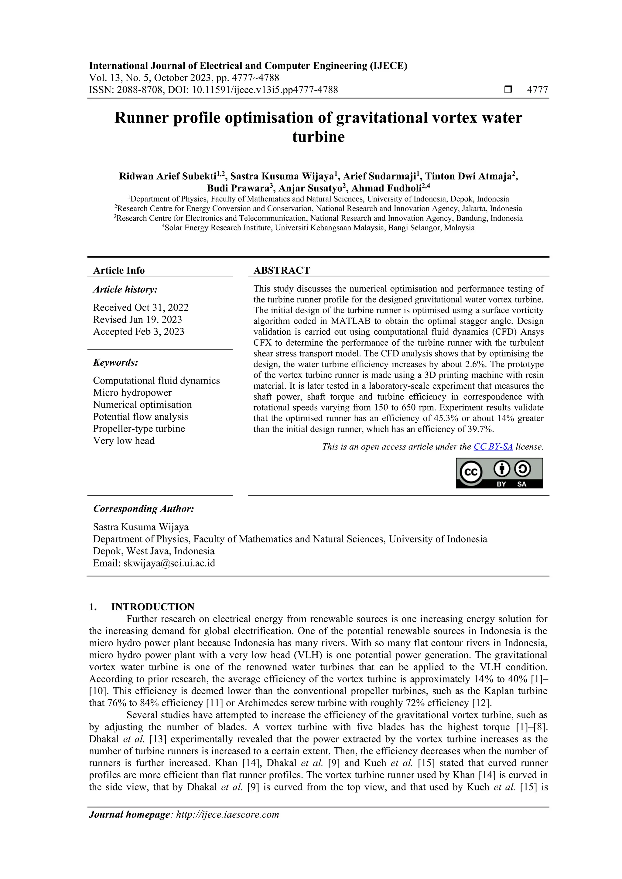 Runner profile optimisation of gravitational vortex water turbine | PDF