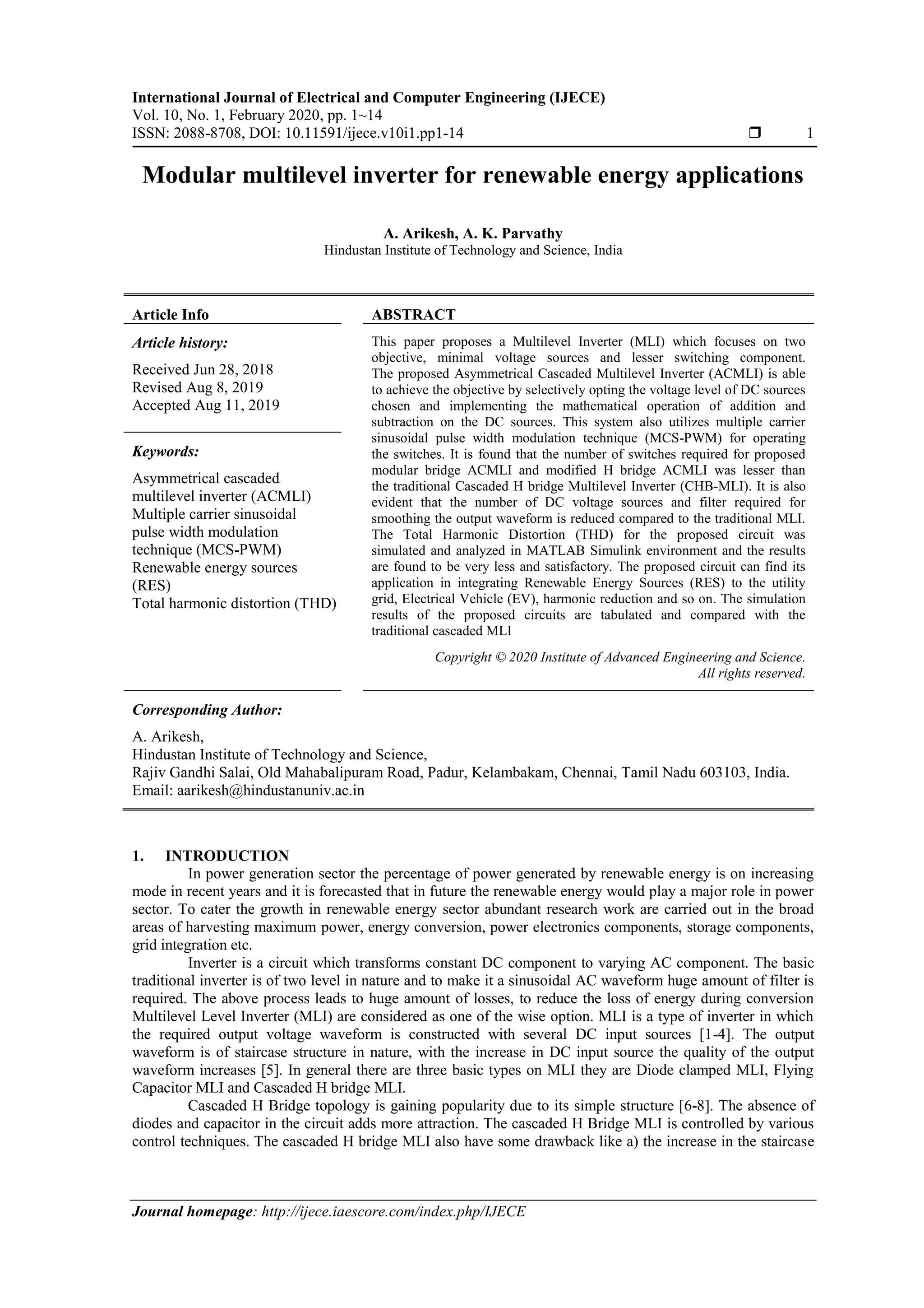 Modular multilevel inverter for renewable energy applications | PDF
